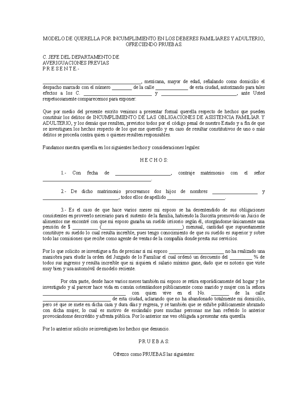 Modelo de Querella por Incumplimiento Familiar y Adulterio - Studocu