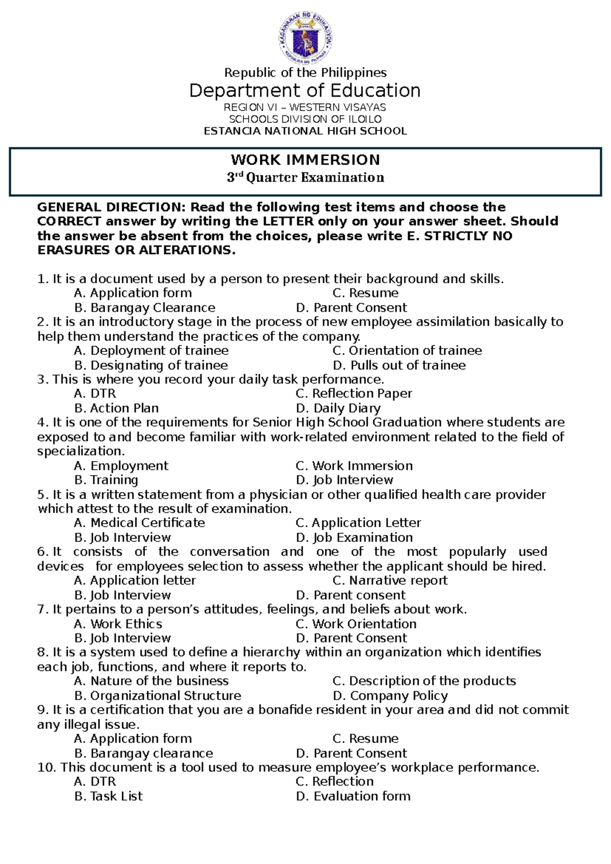 Work Immersion Exam (3rd Quarter) - Estancia National High School - Studocu