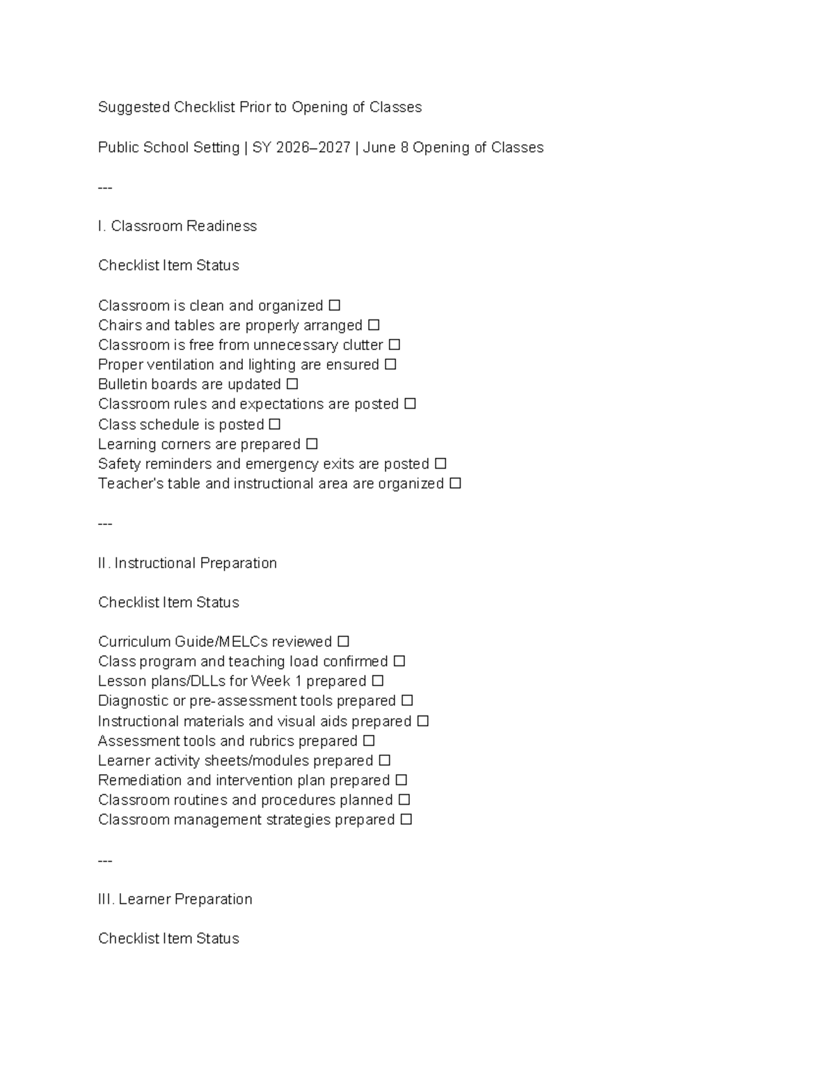 Classroom Readiness Checklist for SY June 8 Opening of Classes - Studocu