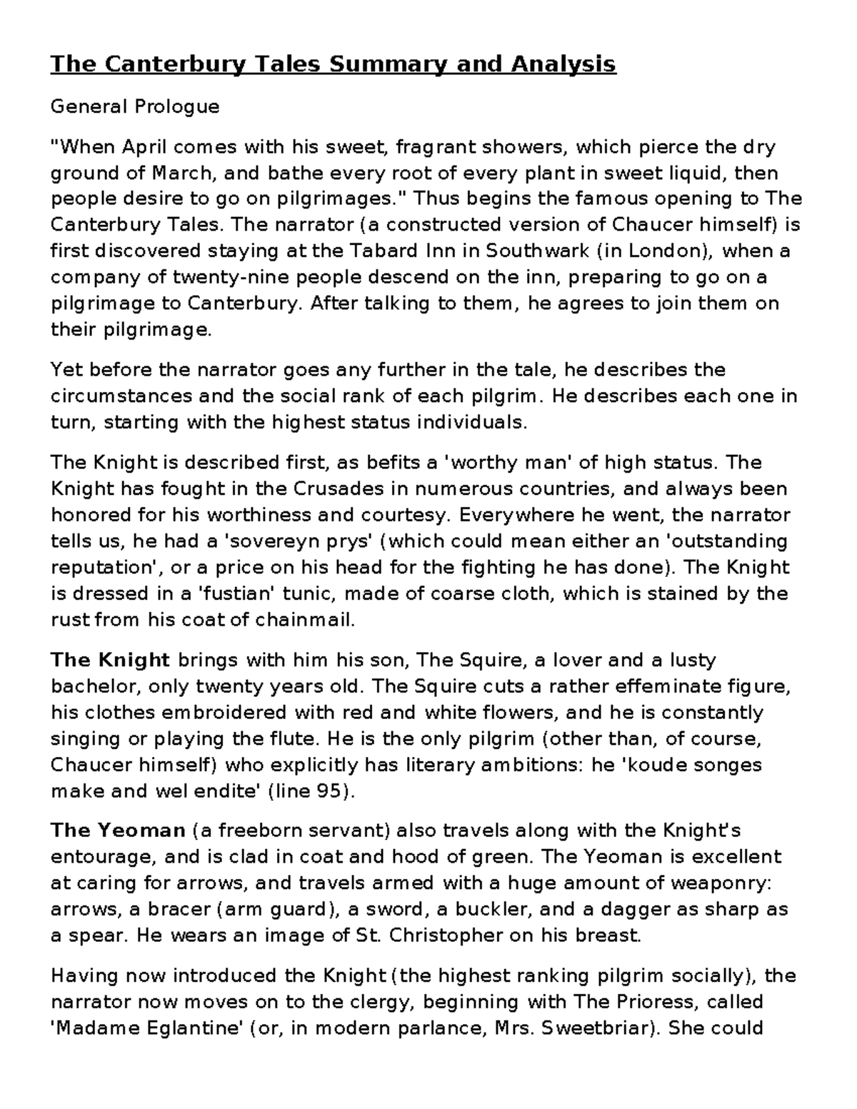 Analysis of The Canterbury Tales: Characters and Themes - Studocu
