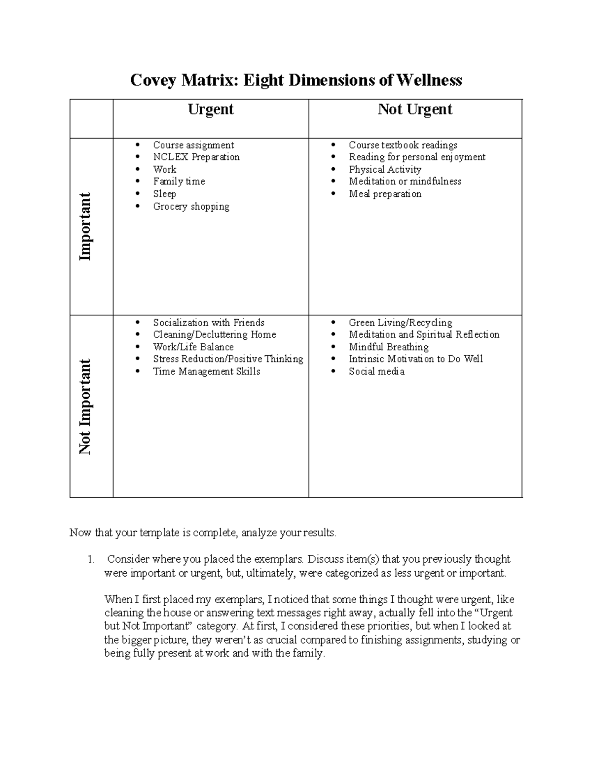 Week 4 - Covey Matrix Analysis: Eight Dimensions of Wellness - Studocu