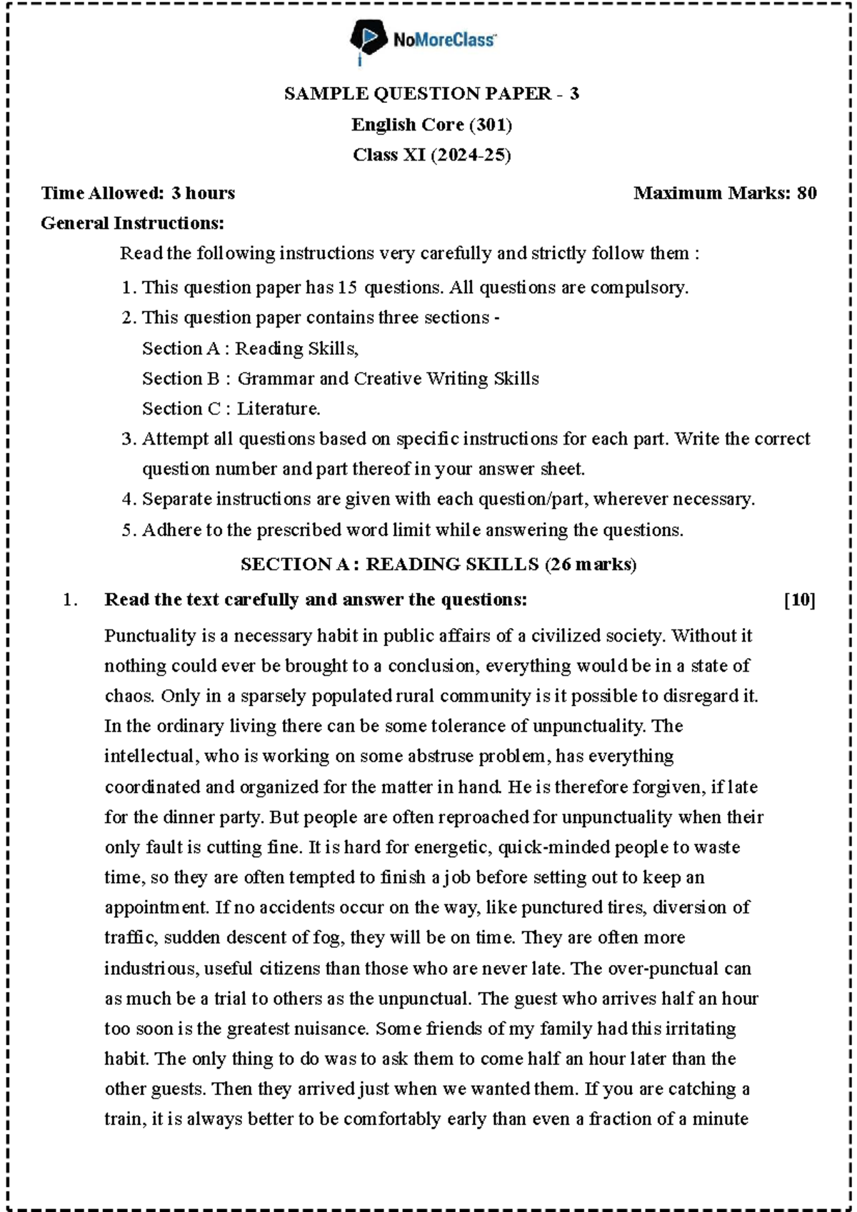 SAMPLE QUESTION PAPER 3 - English Core (301) Class XI - 2025 - Studocu