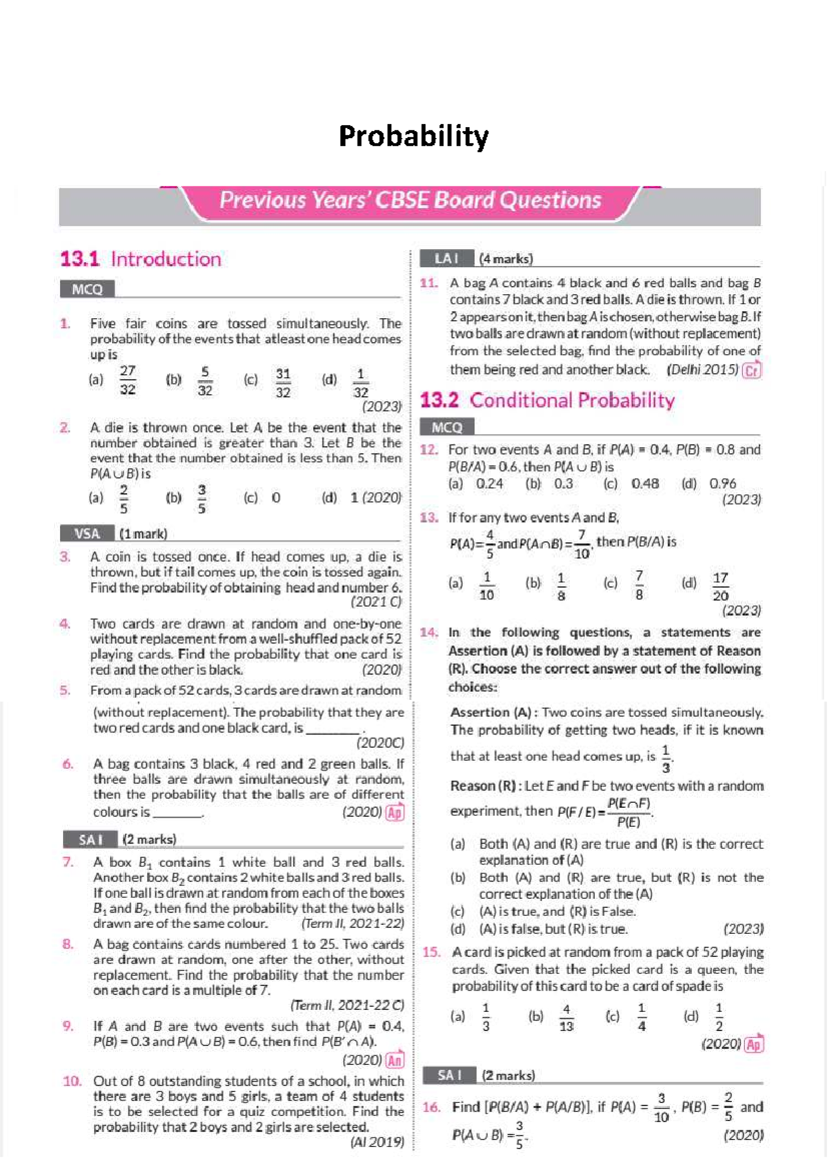 Chapter 12 - Probability: Previous CBSE Board Questions and Solutions ...