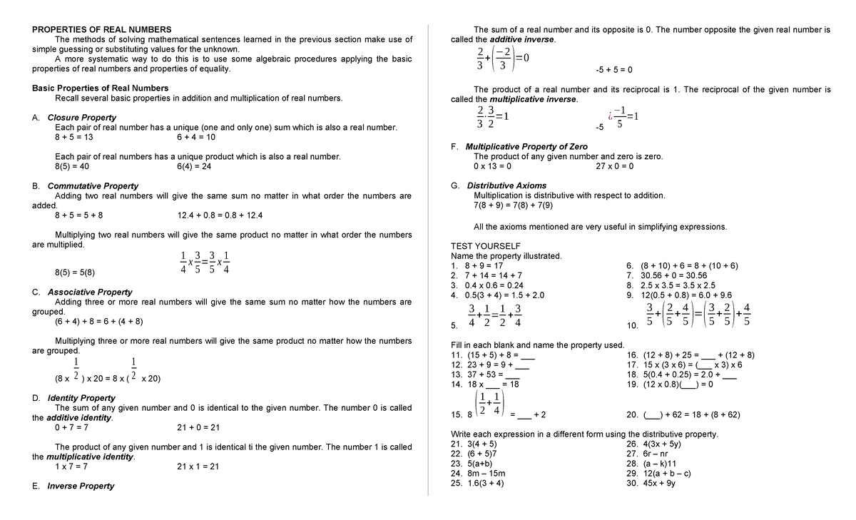 Properties of Real Numbers: A Comprehensive Guide - Studocu