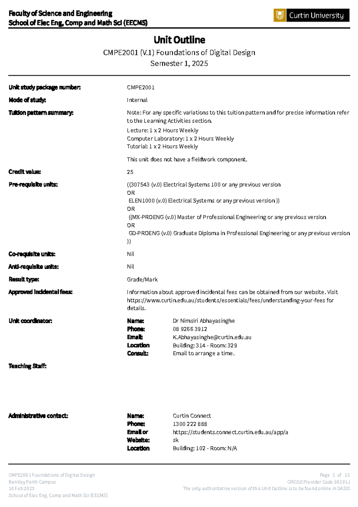 CMPE2001 Foundations of Digital Design Unit Outline - Semester 1, 2025 ...