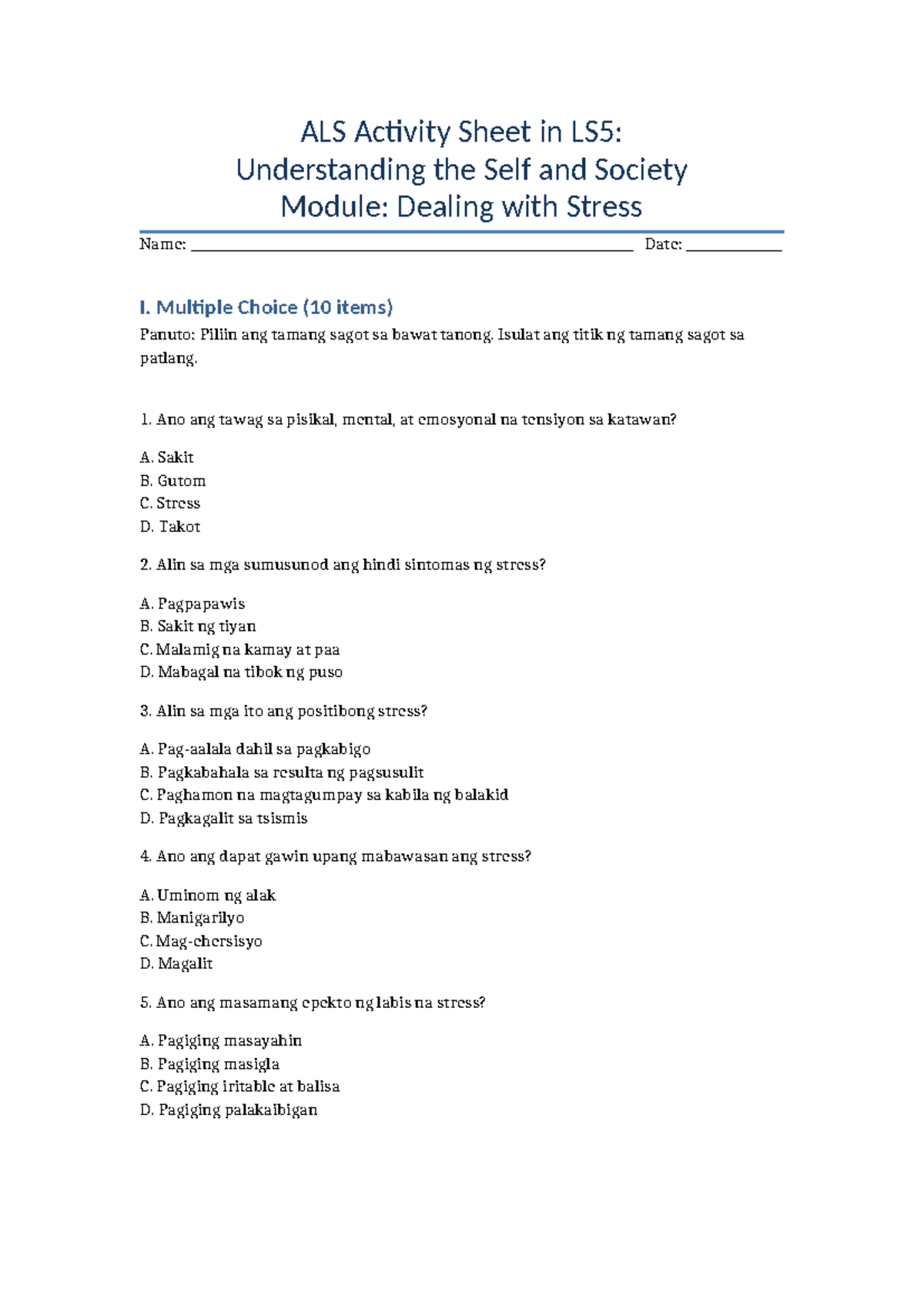 ALS Activity Sheet: Dealing with Stress in LS5 Module - Studocu