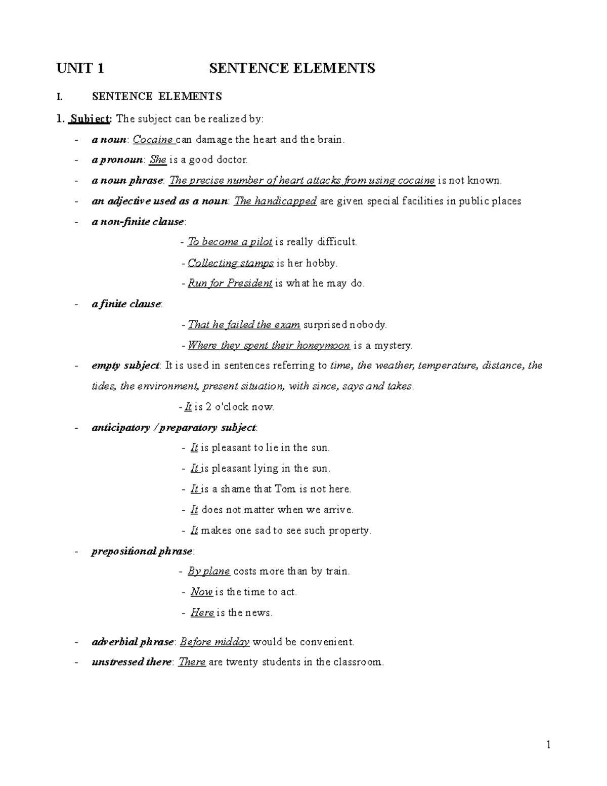 Unit 1 Sentence Elements Handout: Subjects, Verbs, and Complements ...