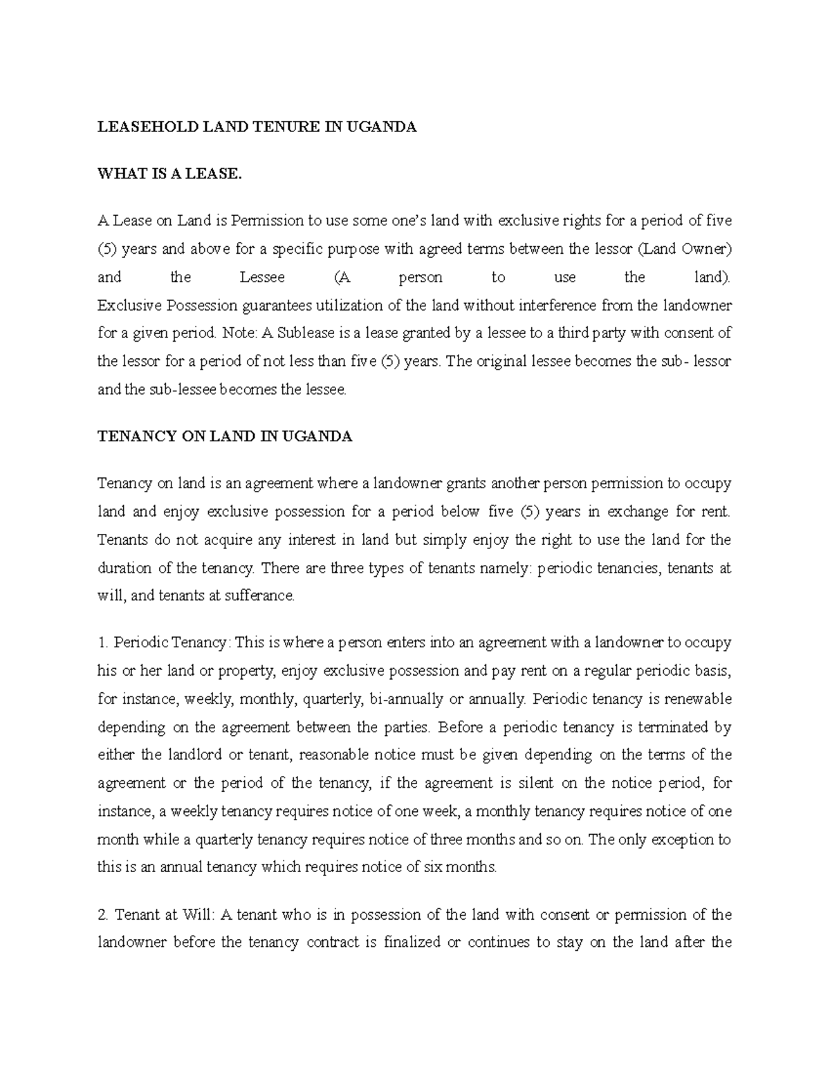 Leasehold Land Tenure in Uganda: Overview and Key Insights - Studocu