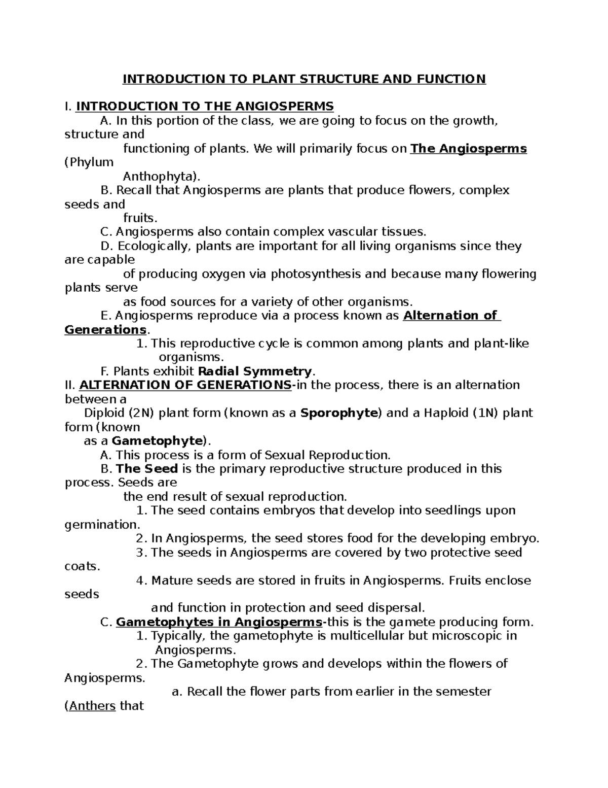 Introduction to Plant Structure and Function (BIO 101) - Angiosperms ...
