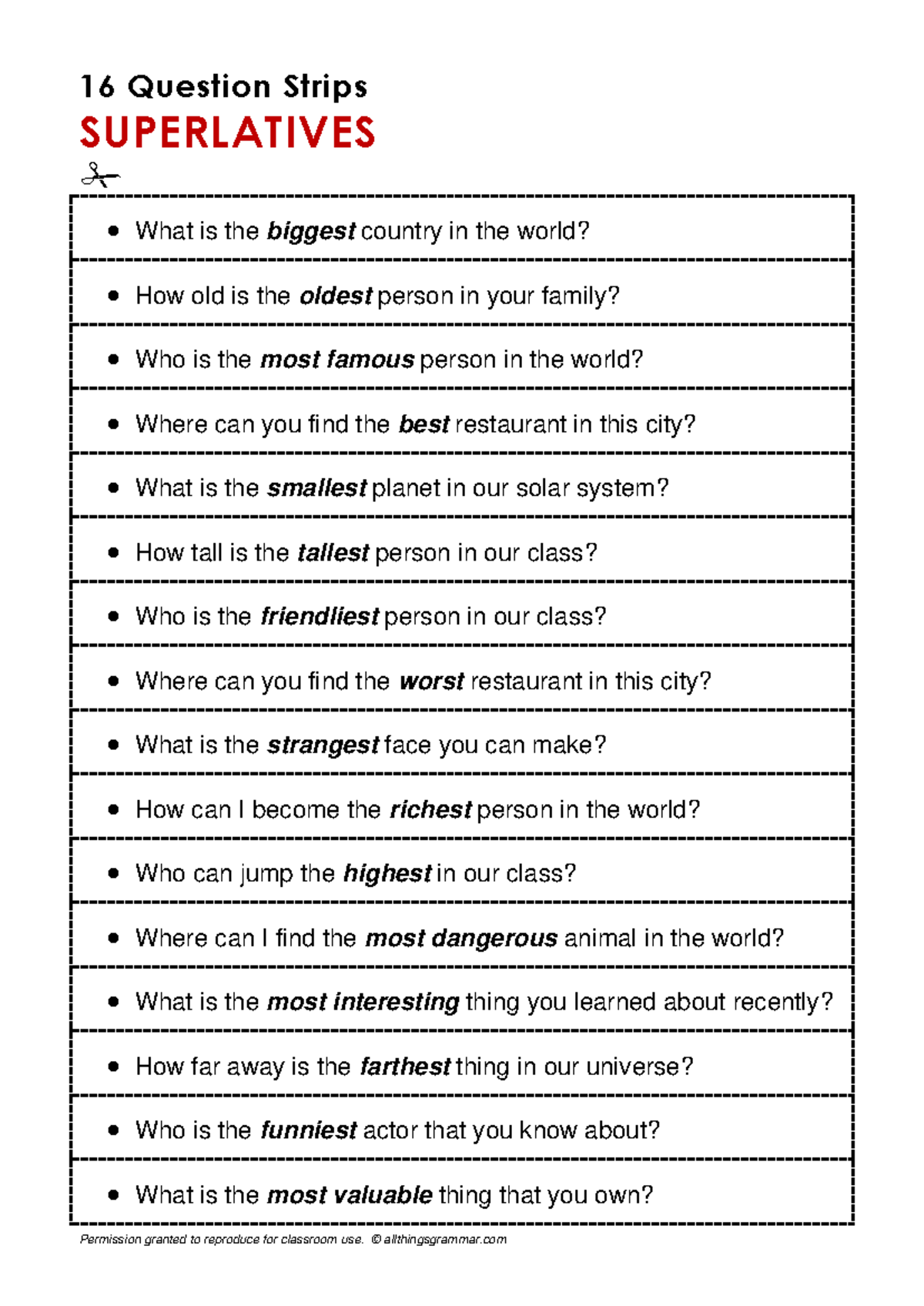 Superlative Questions for S7ussjd Class Activities - Studocu