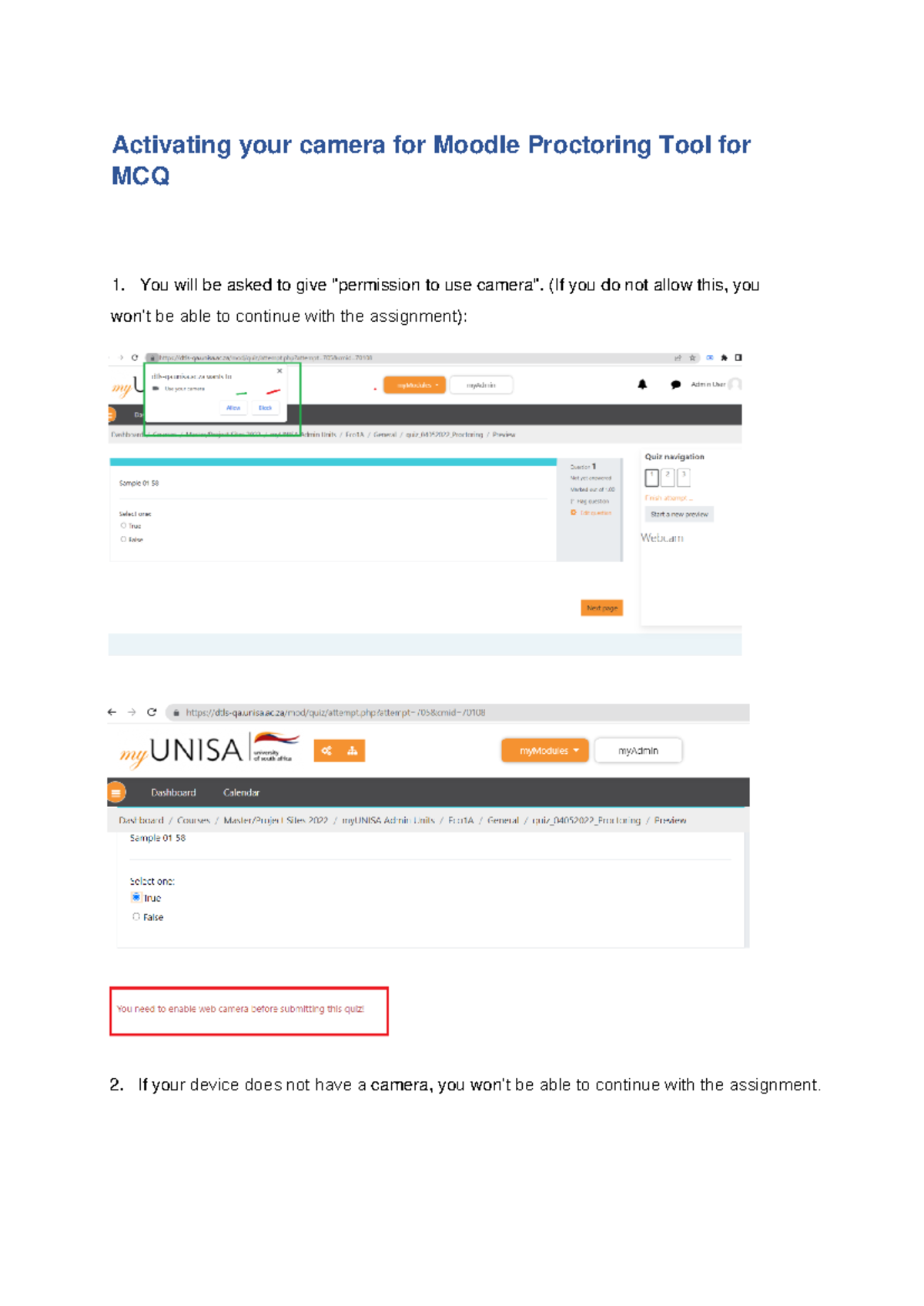 MCQ Camera Activation for Moodle Proctoring Tool Guide - Studocu