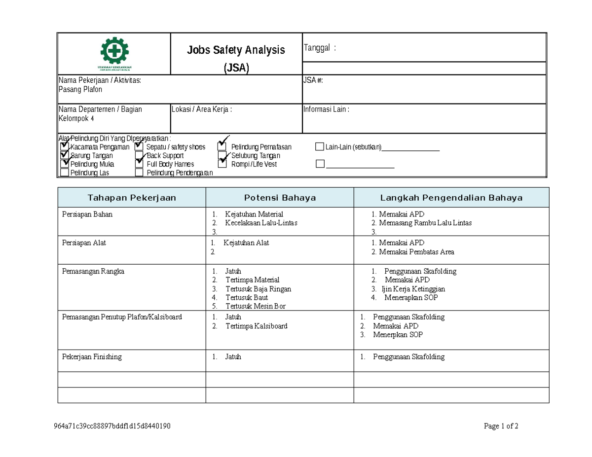Formulir JSA Kelompok 4: Analisis Keselamatan Kerja Plafon - Studocu