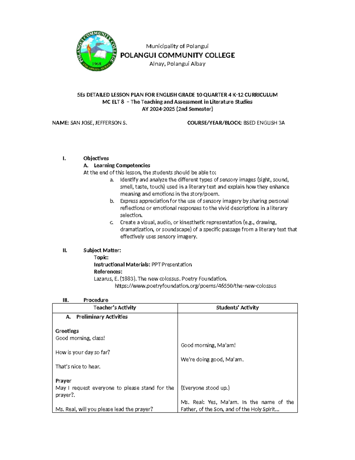 5Es Detailed Lesson Plan for English Grade 10 - Sensory Imagery ...