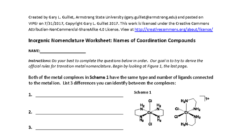 Inorganic Nomenclature Worksheet: Names of Coordination Compounds (CHEM 101) - Studocu