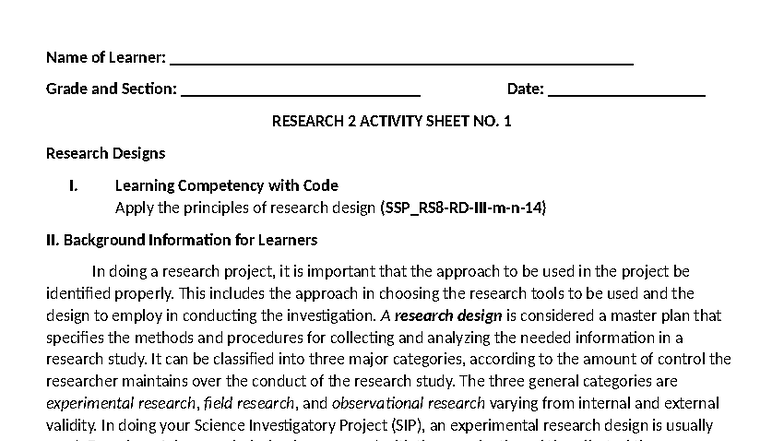 Q3 W1 - Research Designs Activity Sheet for Research 2 - Studocu