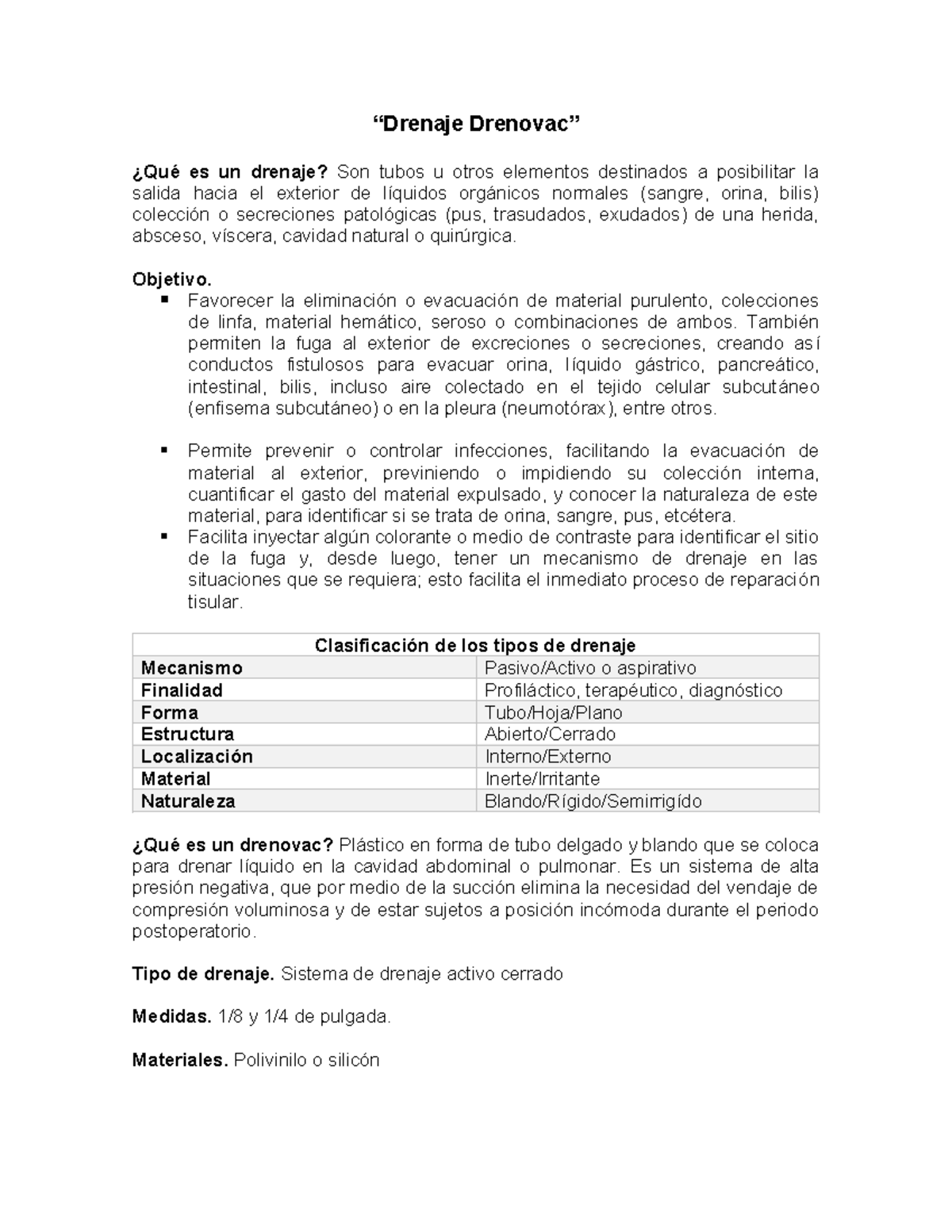 Drenaje Drenovac: Tipos, Usos y Cuidado Postoperatorio - Studocu