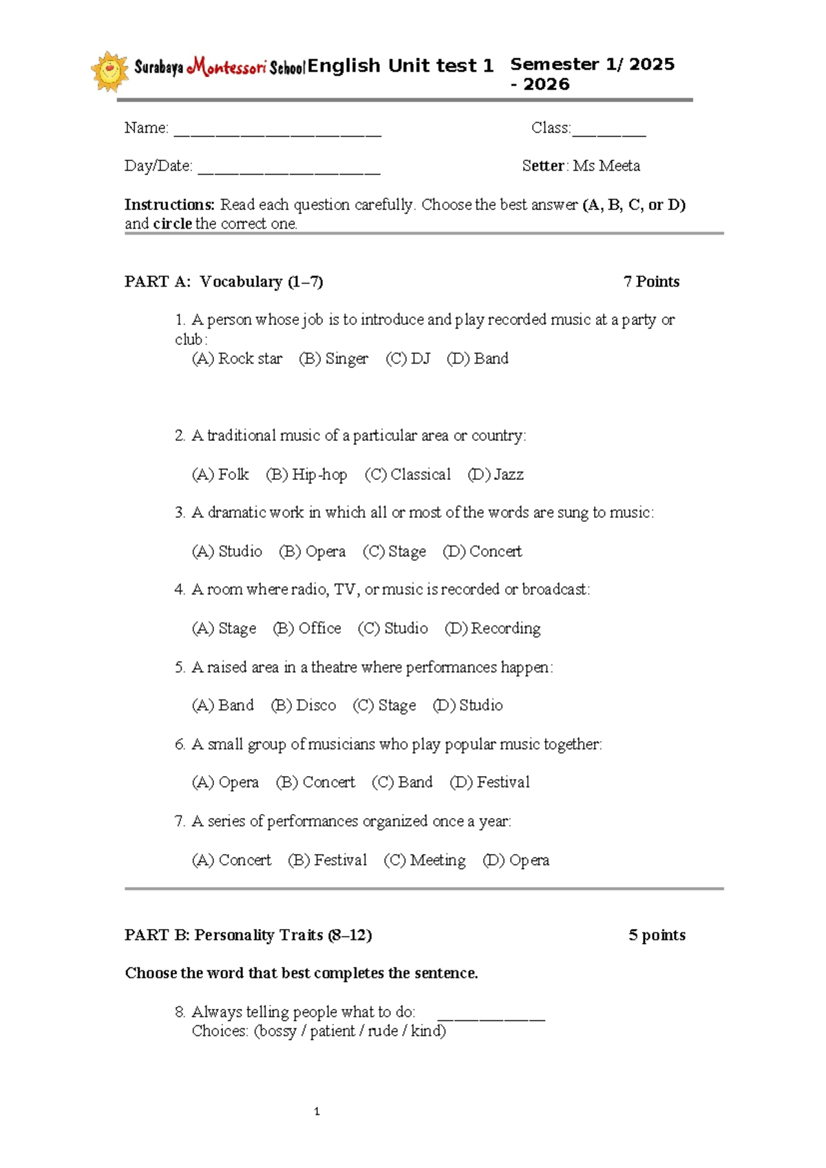 G6 English Unit Test 1 - Semester 2025-2026 - Studocu