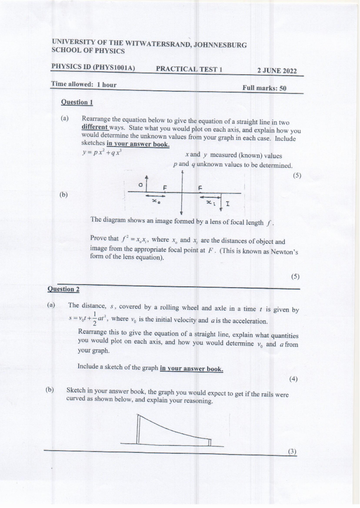 PHYS1001A Practical Test 1 Questions - June 2, 2022 - Studocu