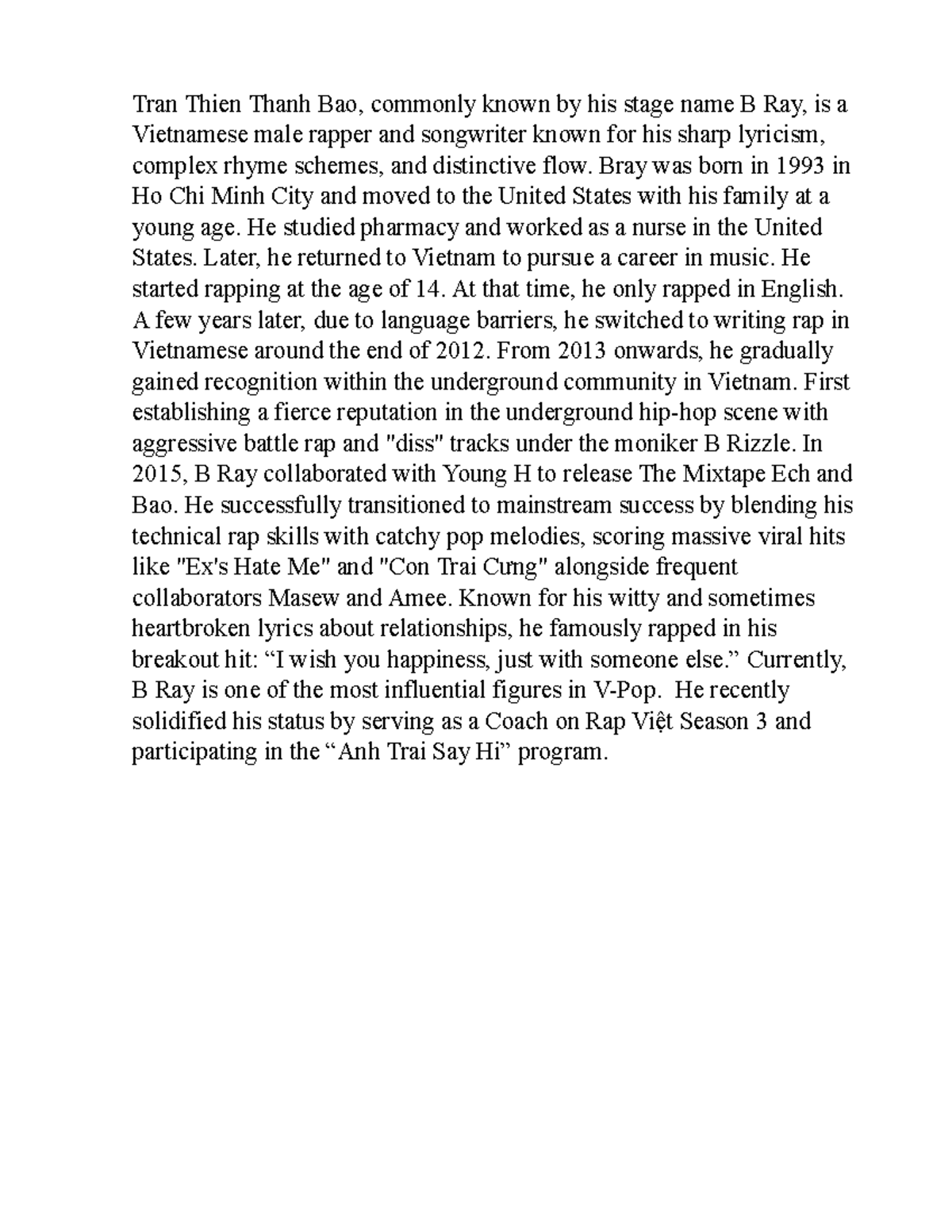 Biography of B Ray: The Rise of a Vietnamese Rapper - Studocu