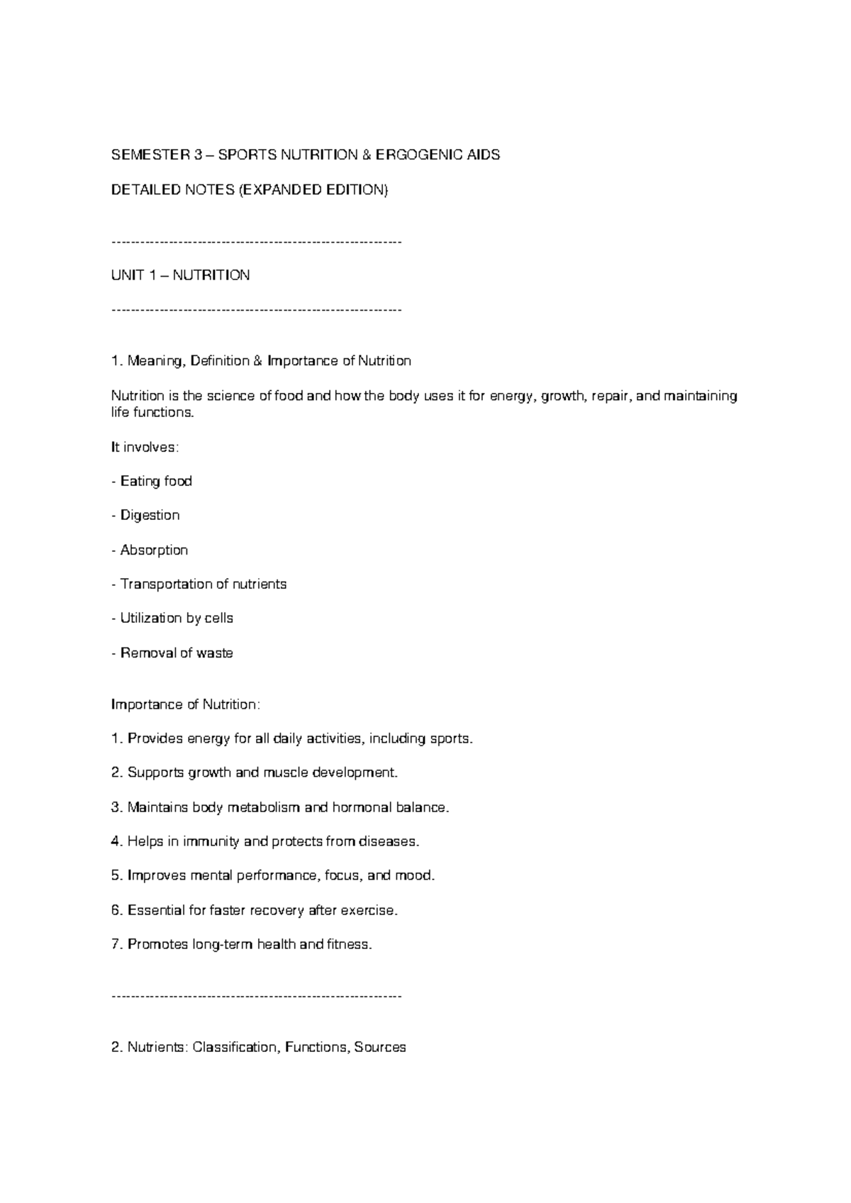 Sports Nutrition & Ergogenic Aids: Detailed Notes (Semester 3) - Studocu