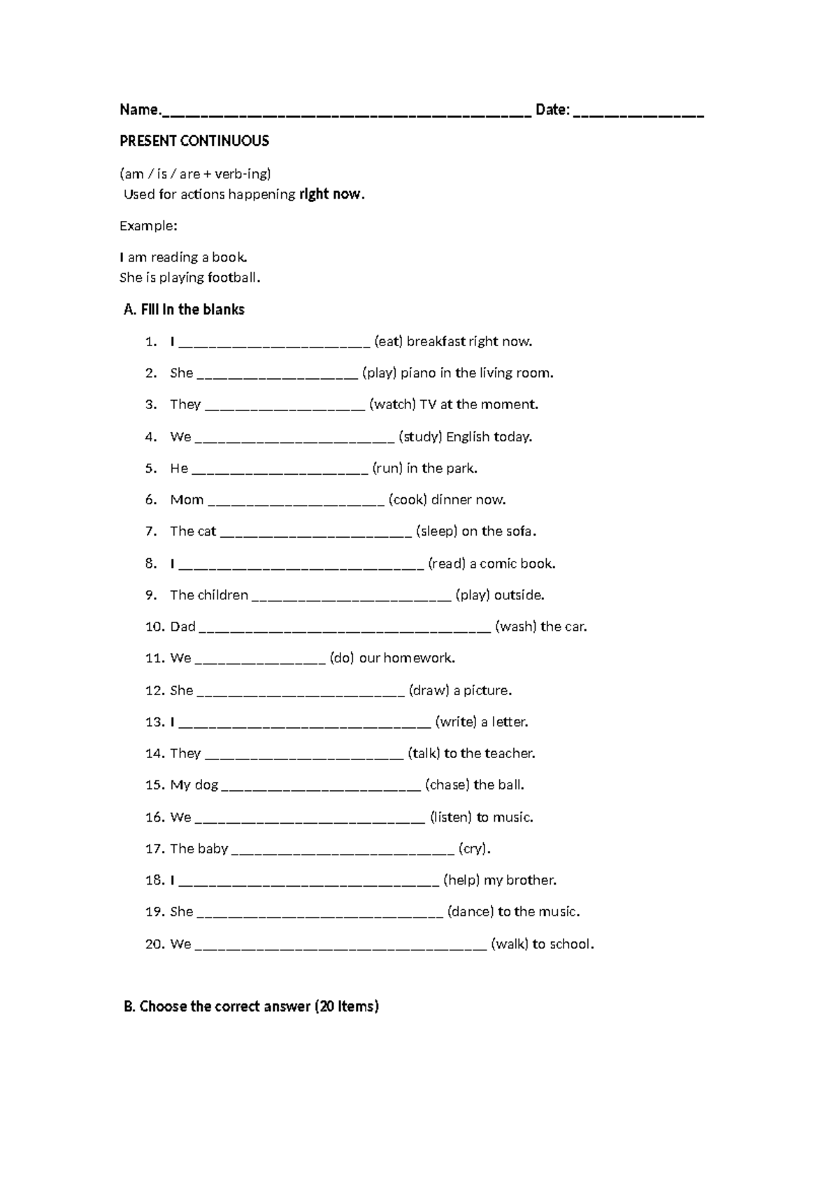 English Workshop - BCH I II: Present Continuous & Simple Past Exercises ...