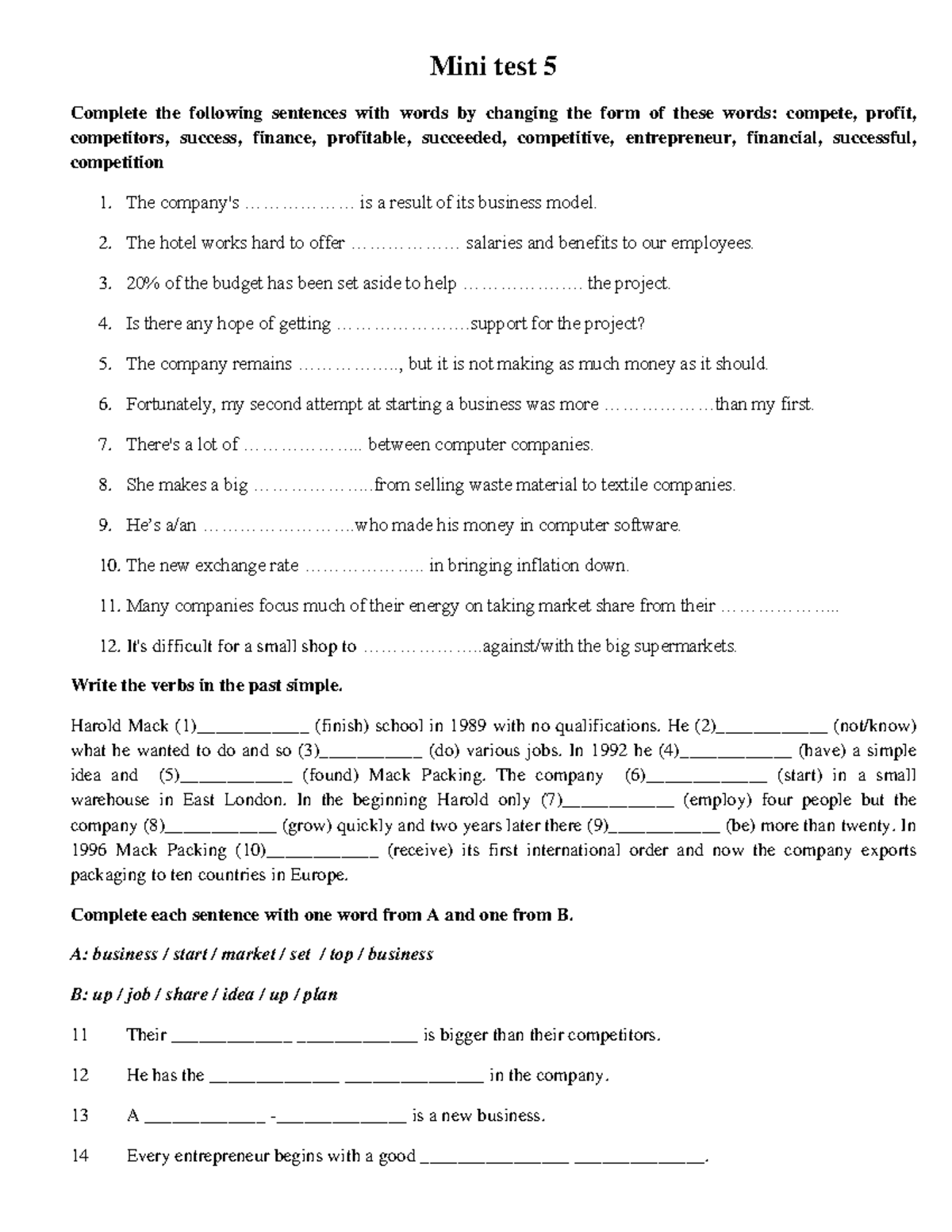 Mini Test 5: Complete the Sentences with Word Forms and Verbs - Studocu