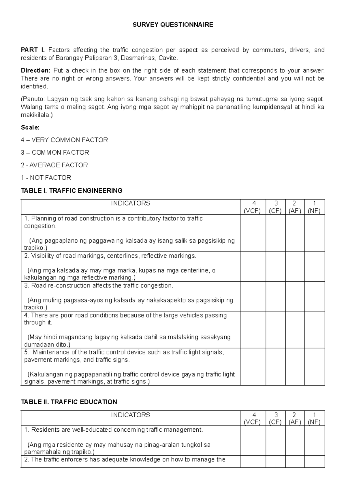 Questionnaire on Factors Affecting Traffic Congestion in Barangay ...