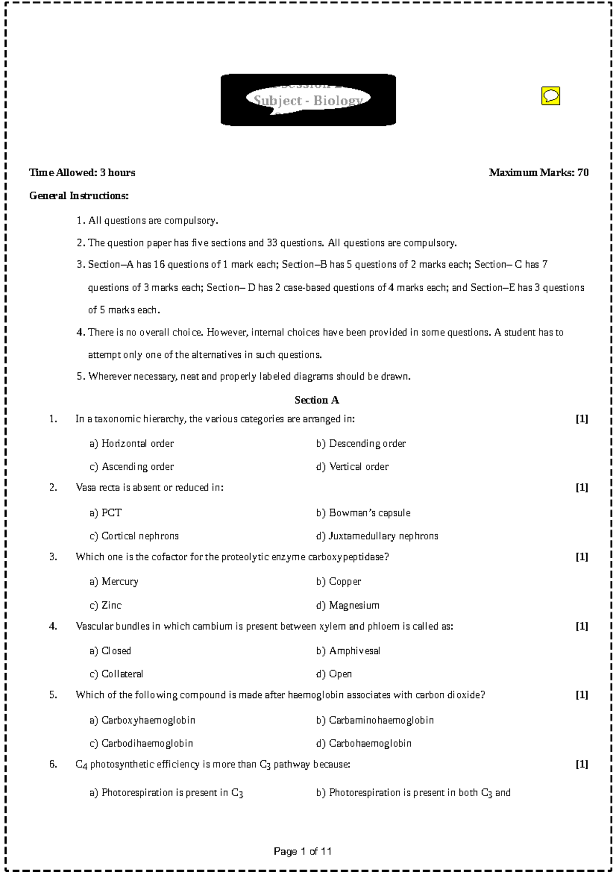 Class XI Biology Sample Question Paper 5 - 3 Hours, 70 Marks - Studocu