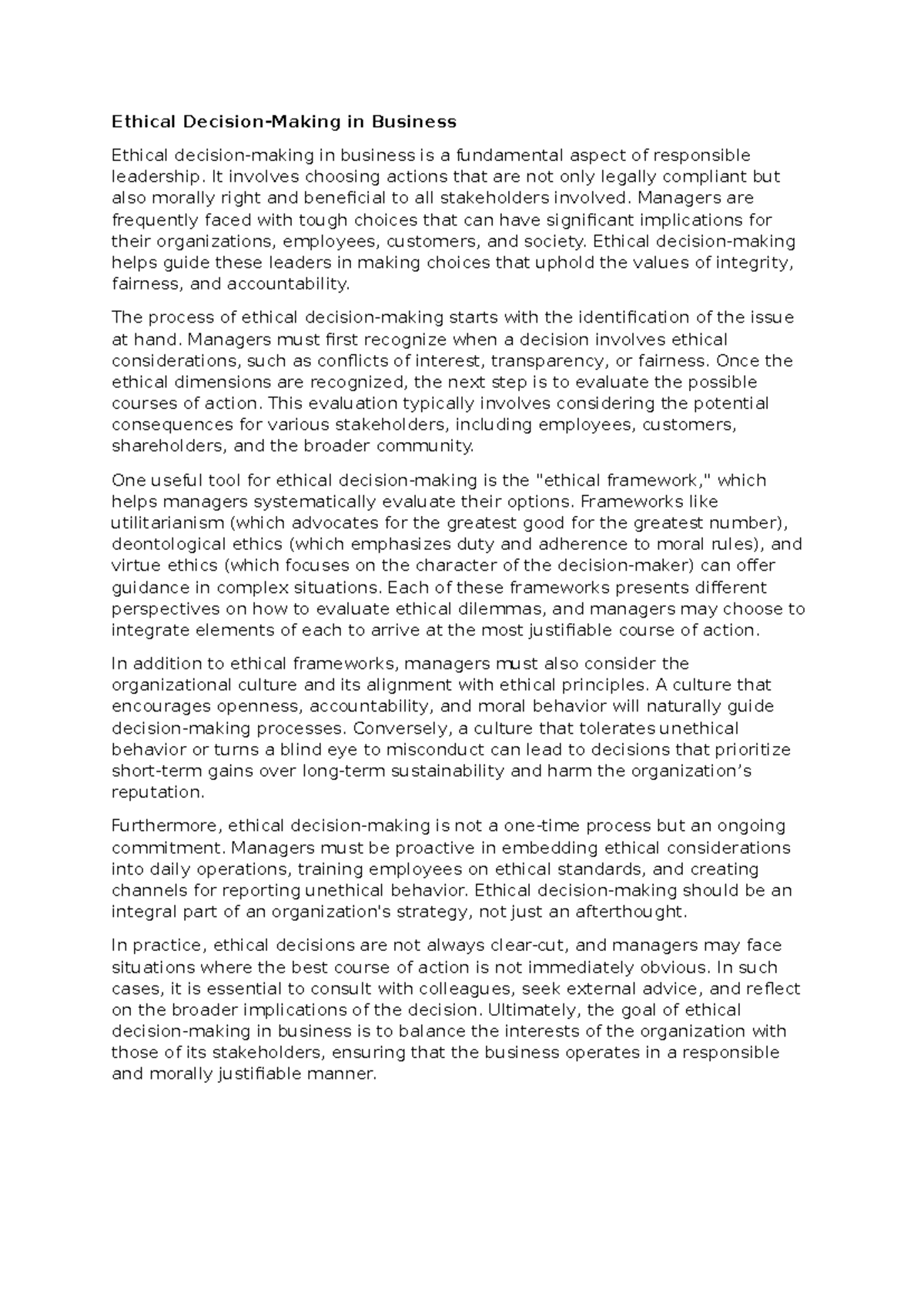 Ethical Decision-Making in Business: A Summary Guide - Studocu