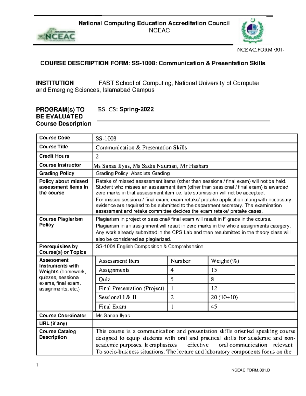 CS-1008 Communication & Presentation Skills Course Outline - Spring ...