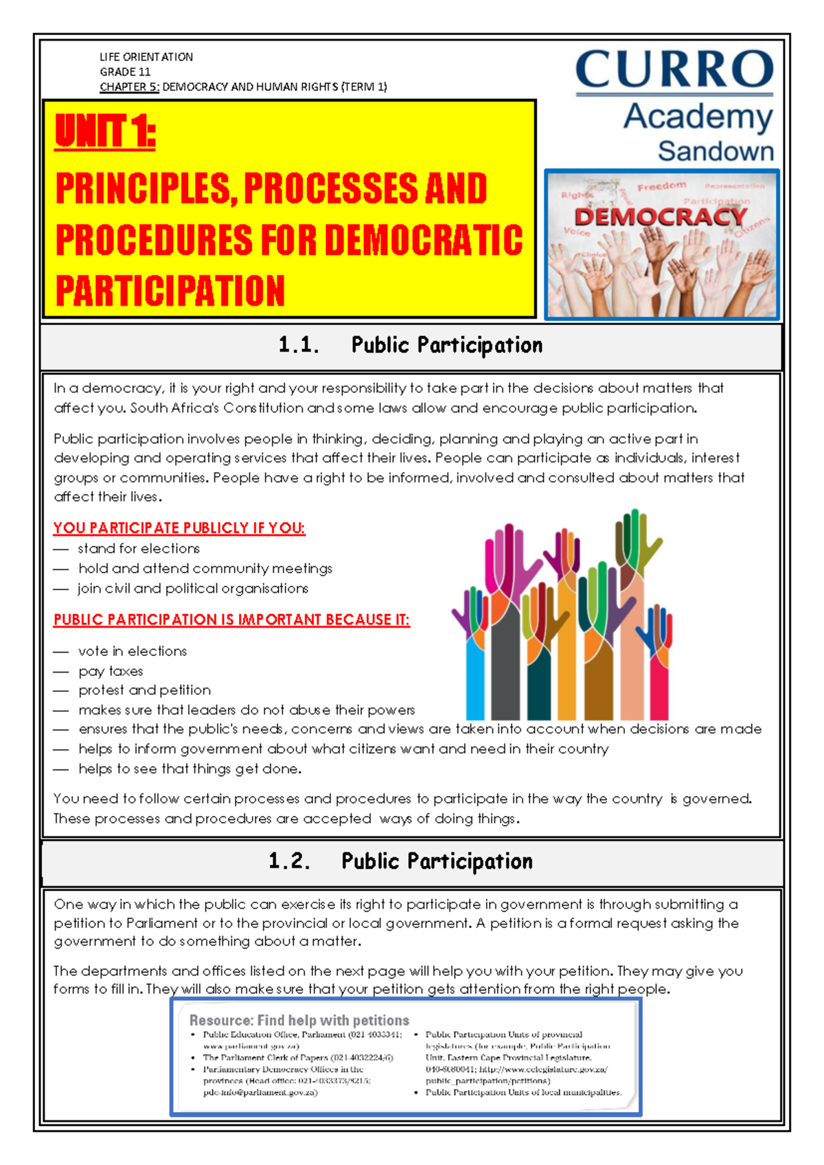LIFE ORIENTATION GRADE 11 CHAPTER 5: DEMOCRACY & HUMAN RIGHTS OVERVIEW ...