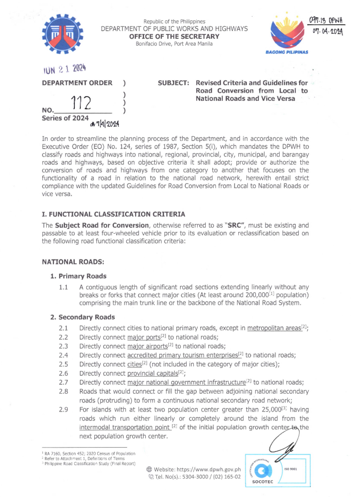 DO 112 S2024 - Revised Guidelines for Road Conversion Criteria - Studocu