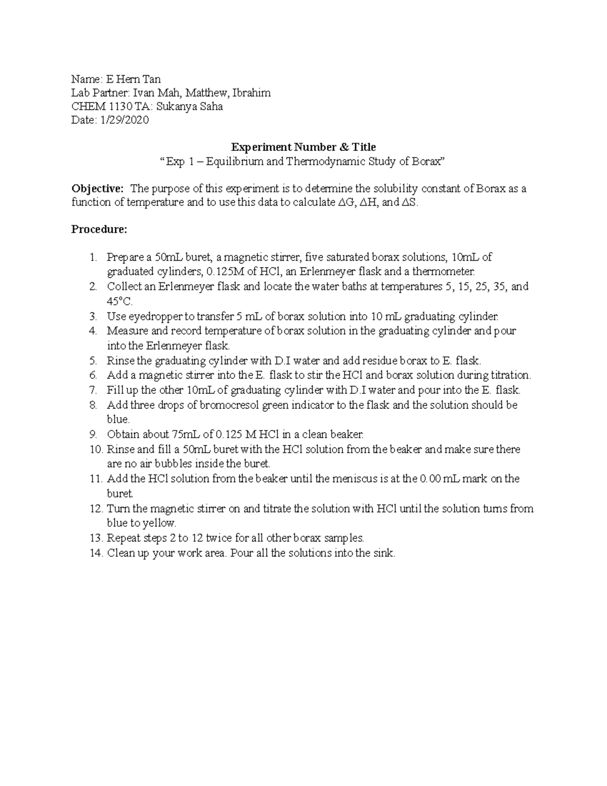 Chem Lab 1 - Name: E Hern Tan Lab Partner: Ivan Mah, Matthew, Ibrahim ...