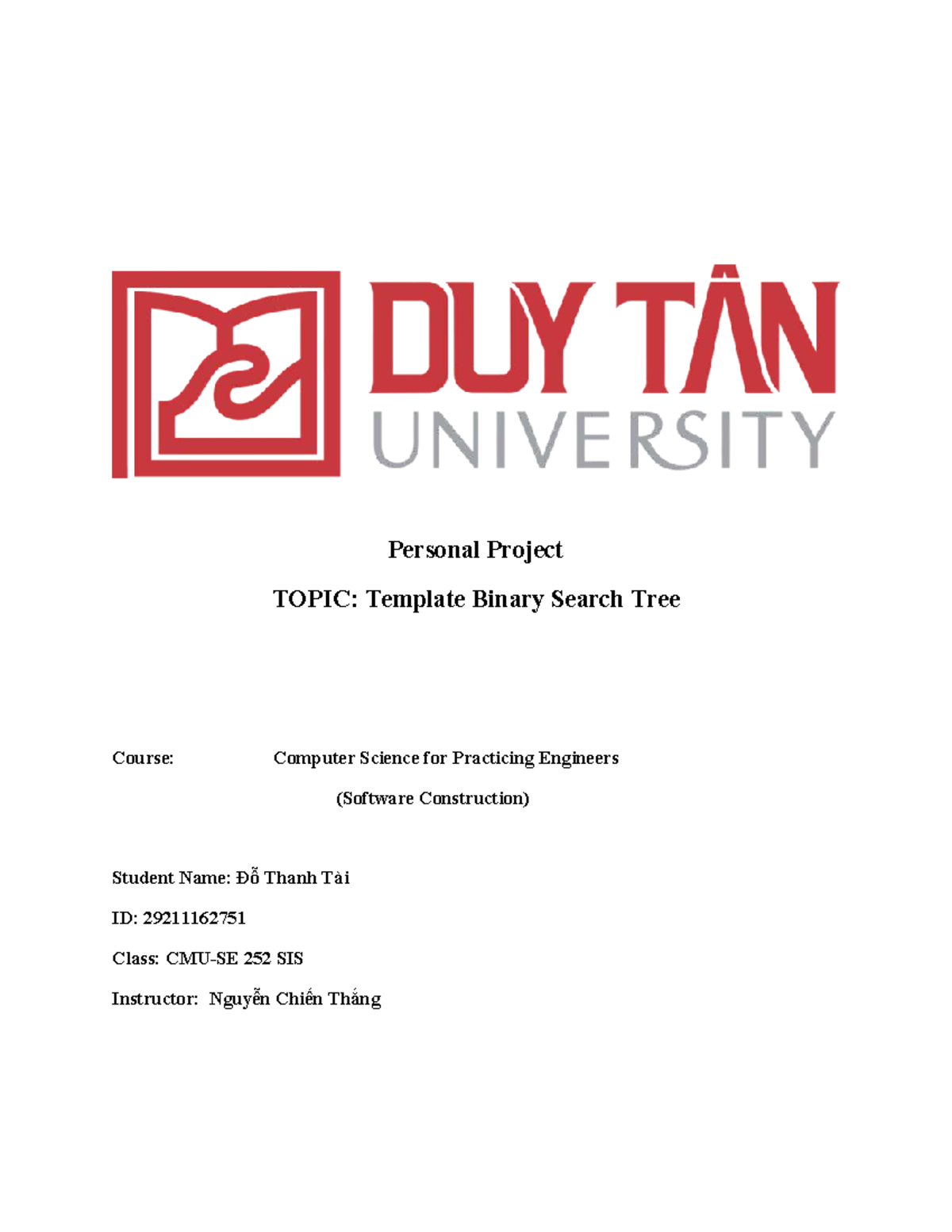 CS for Practicing Engineers: Template Binary Search Tree Project - Studocu