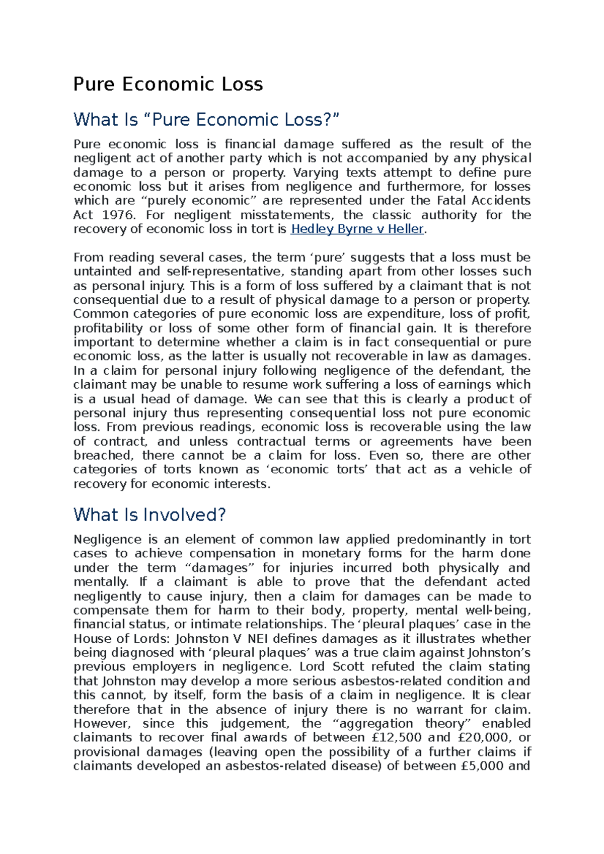 Understanding Pure Economic Loss in Tort Law: A Detailed Analysis - Studocu