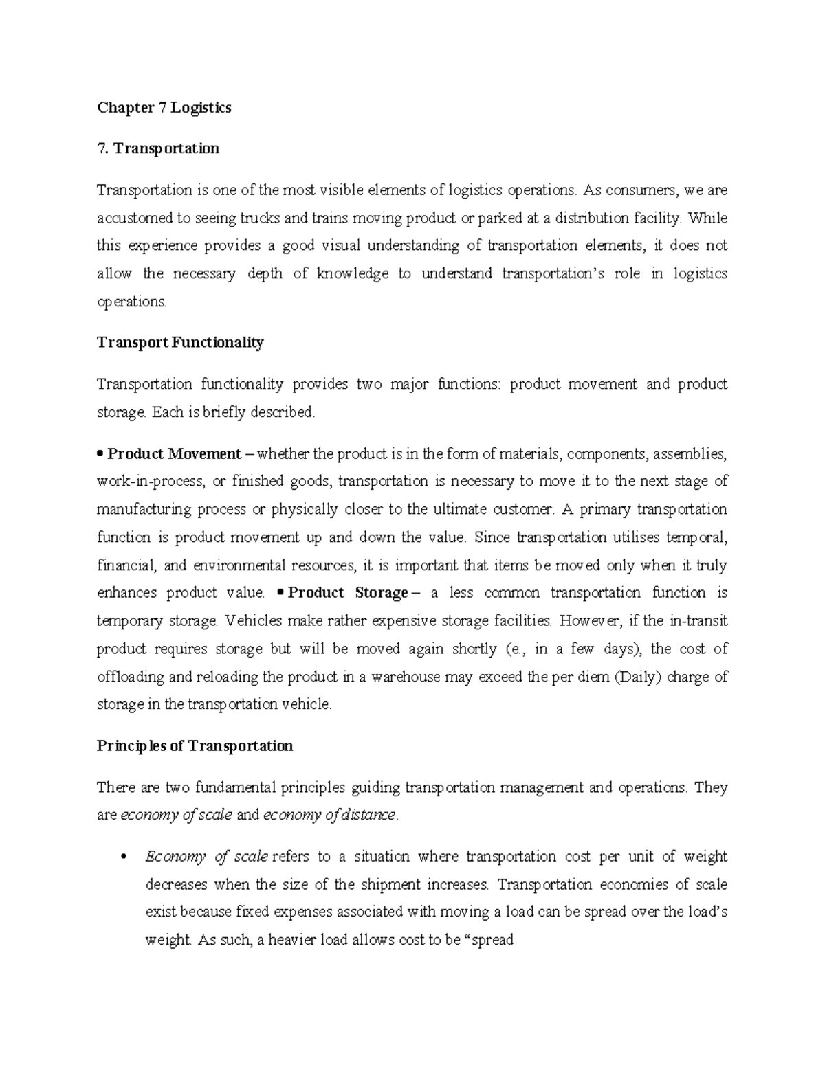 Chapter 7 - Logistics and Transportation Overview (FM Course) - Studocu