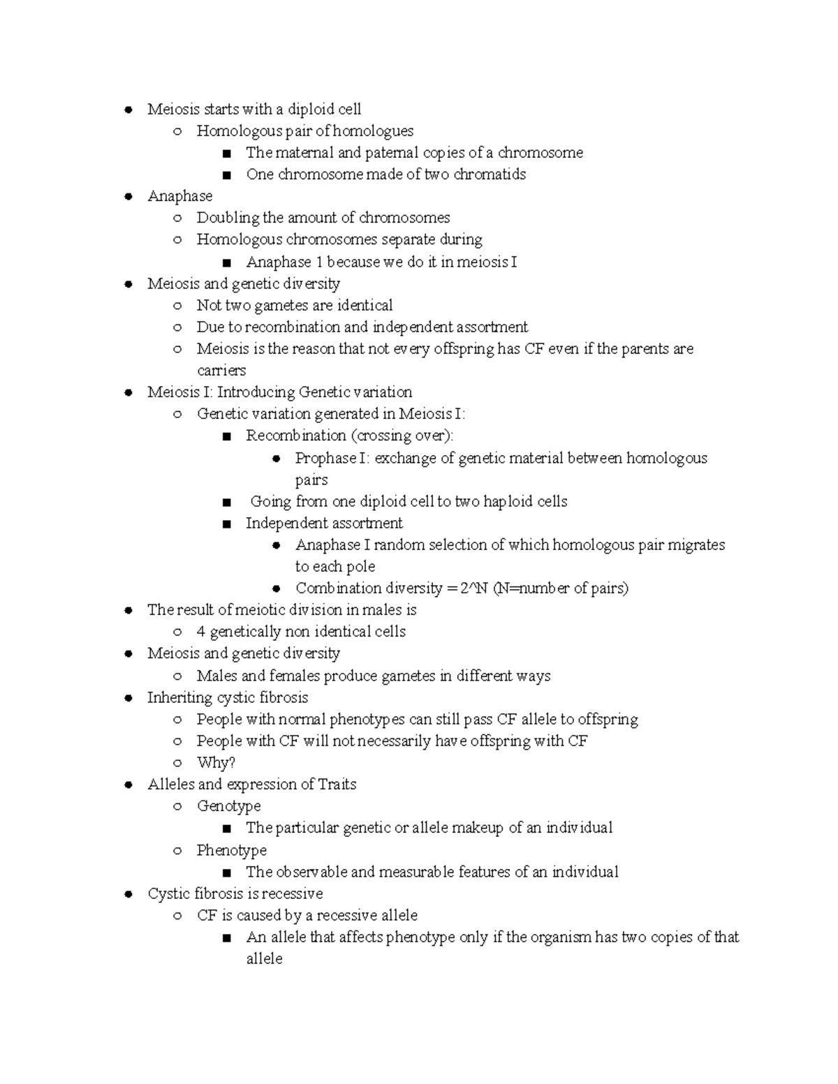 BIO 111 Midterm 2 Lecture Notes: Meiosis, Genetics, and Evolution - Studocu