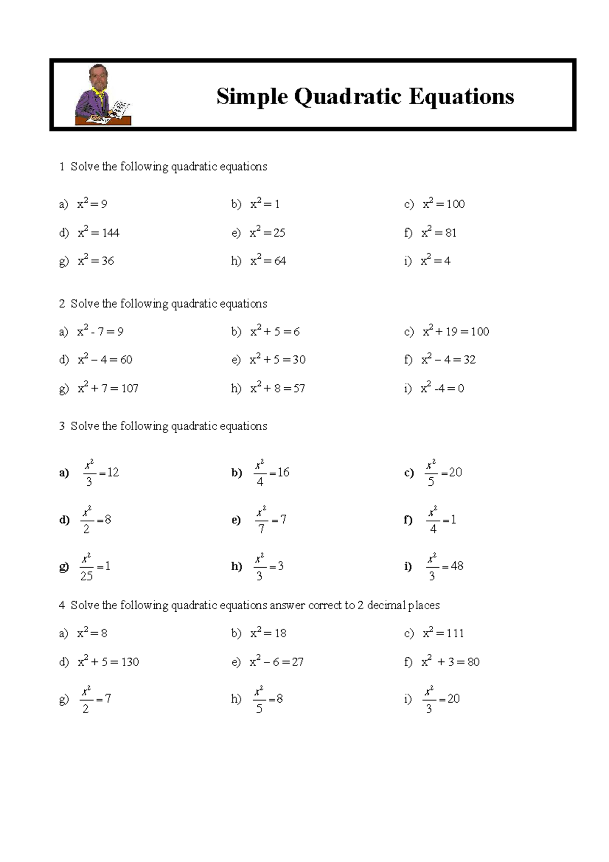 MATH101: Simple Quadratic Equations Practice Problems - Studocu