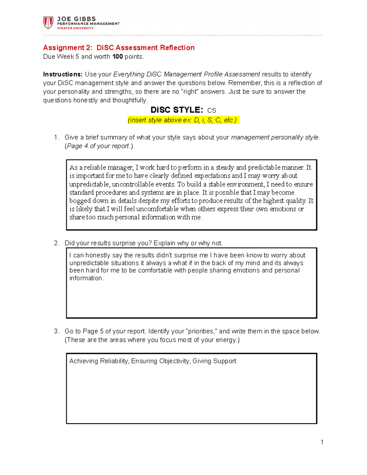 DiSC Assessment Reflection - Studocu