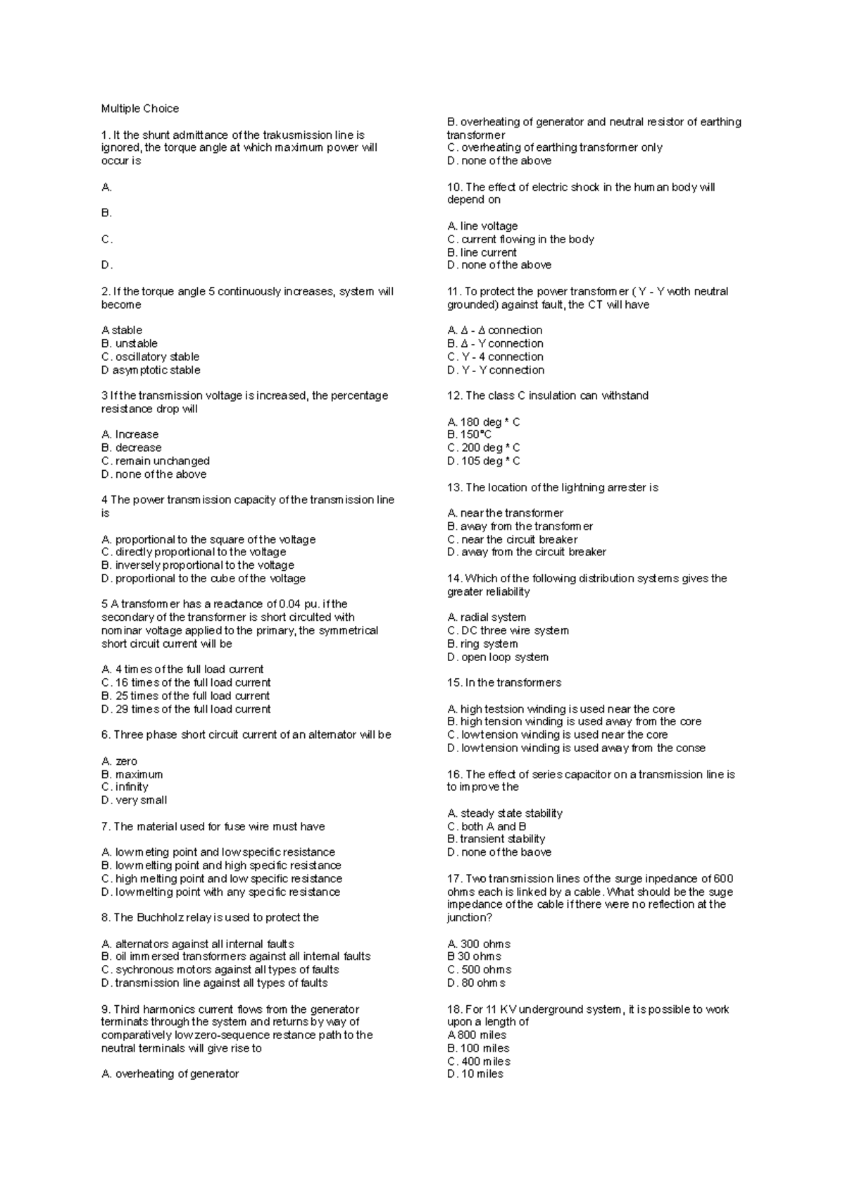 EE 4 - Multiple choice questions on power systems and transmission ...