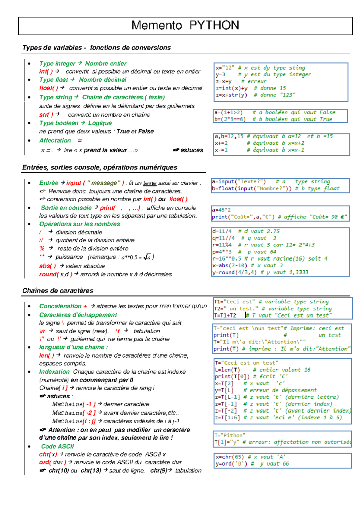 Memento PYTHON-1: Variables, Fonctions et Structures de Contrôle - Studocu