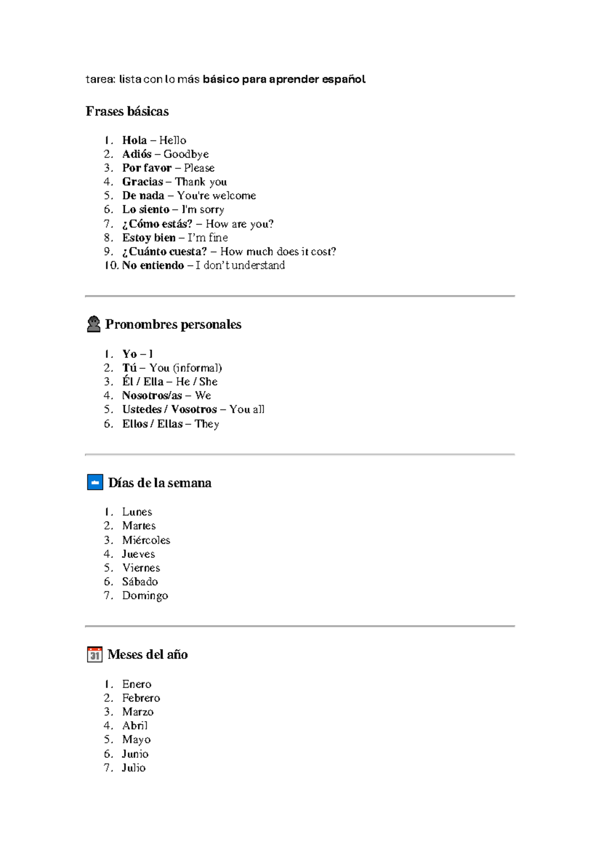 Lista con lo más básico para aprender español - tarea: lista con lo más ...