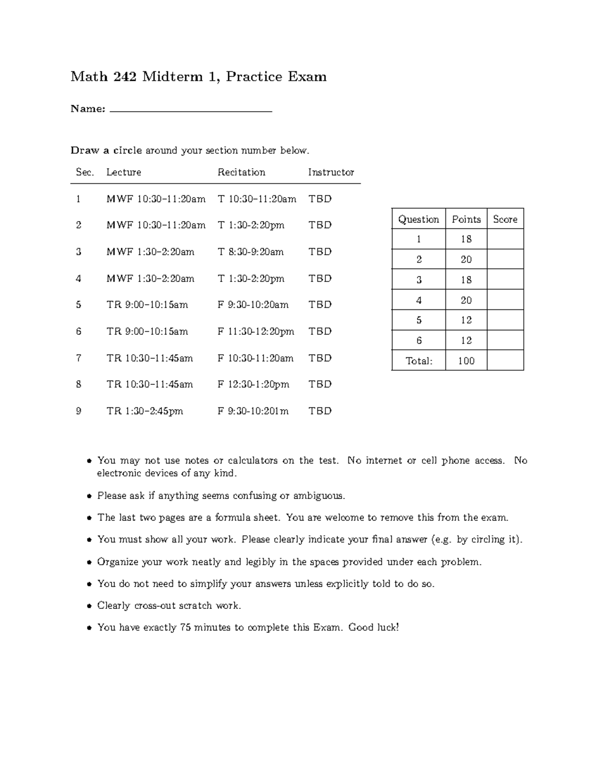 Math 242 Midterm 1 - Practice Exam Guide - Studocu