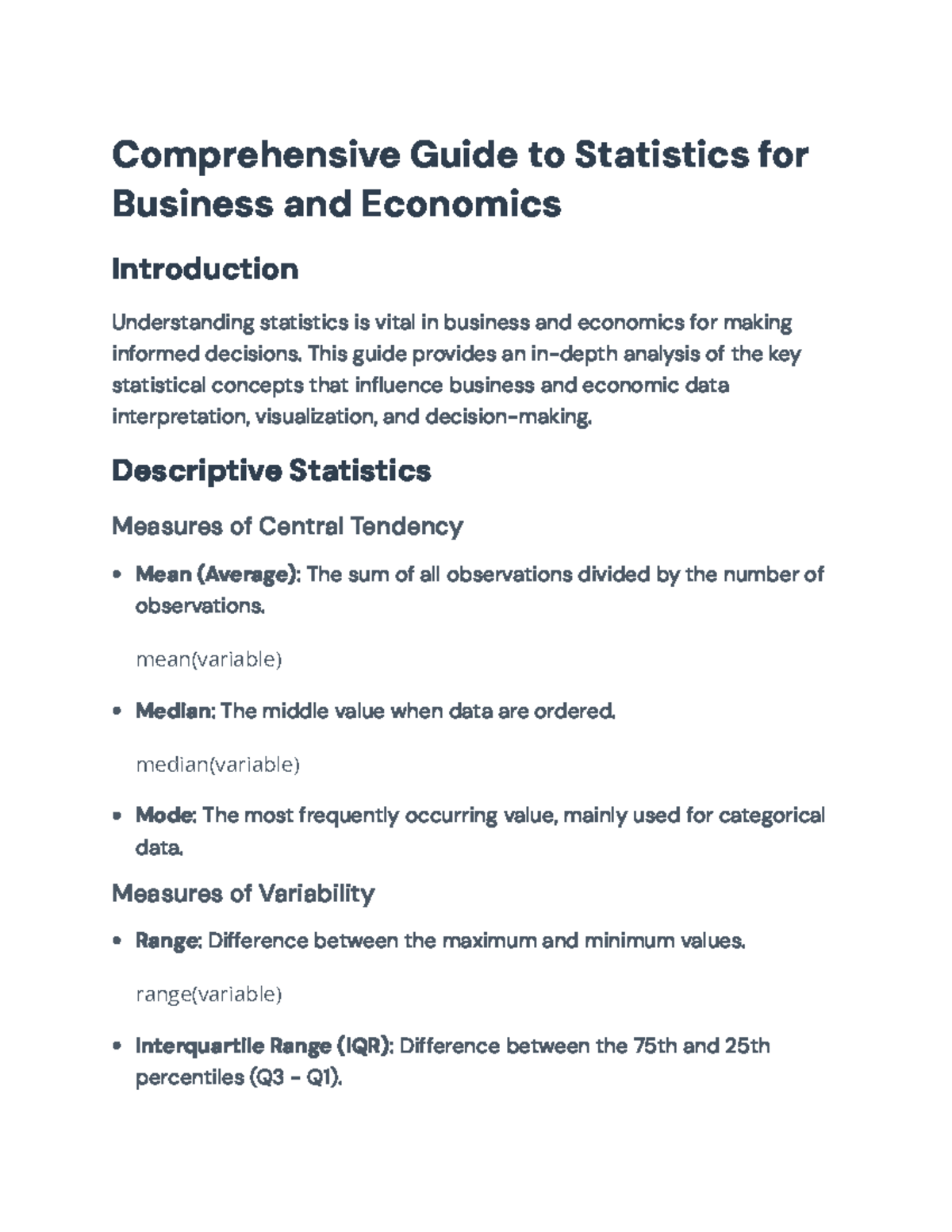 Comprehensive Guide to Statistics in Business and Economics ...