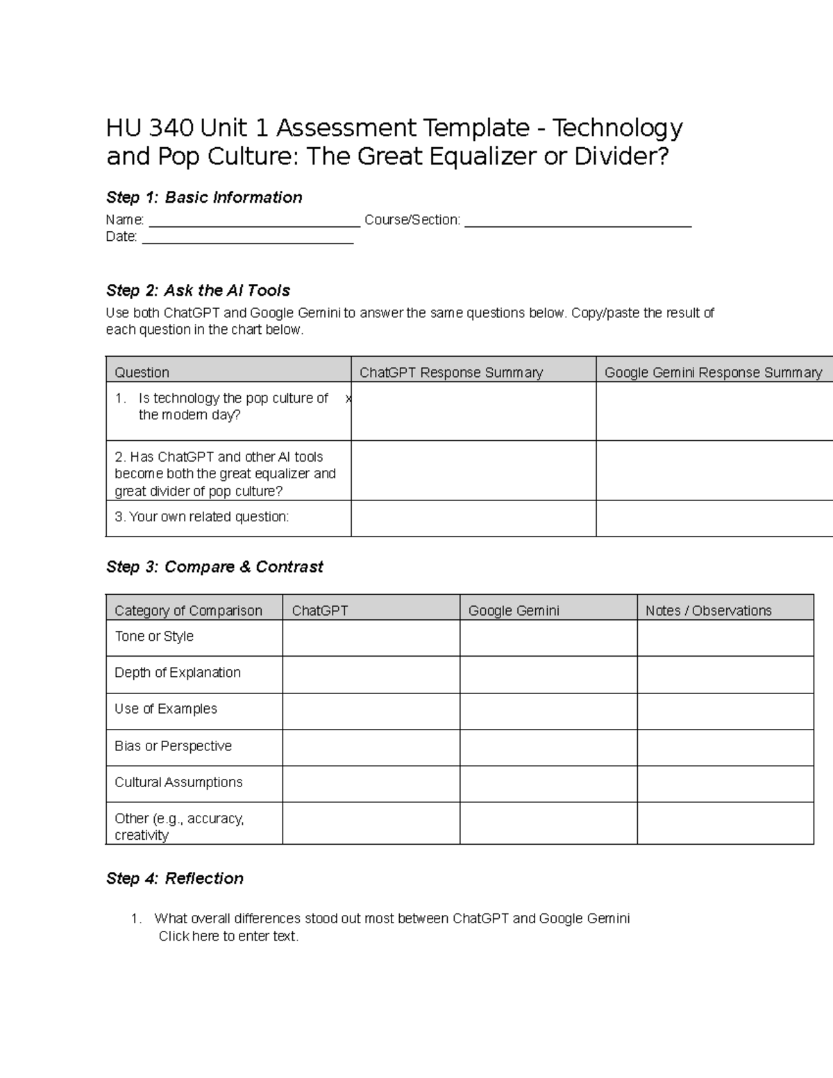 HU 340 Unit 1 Assessment: Tech & Pop Culture Analysis Template - Studocu