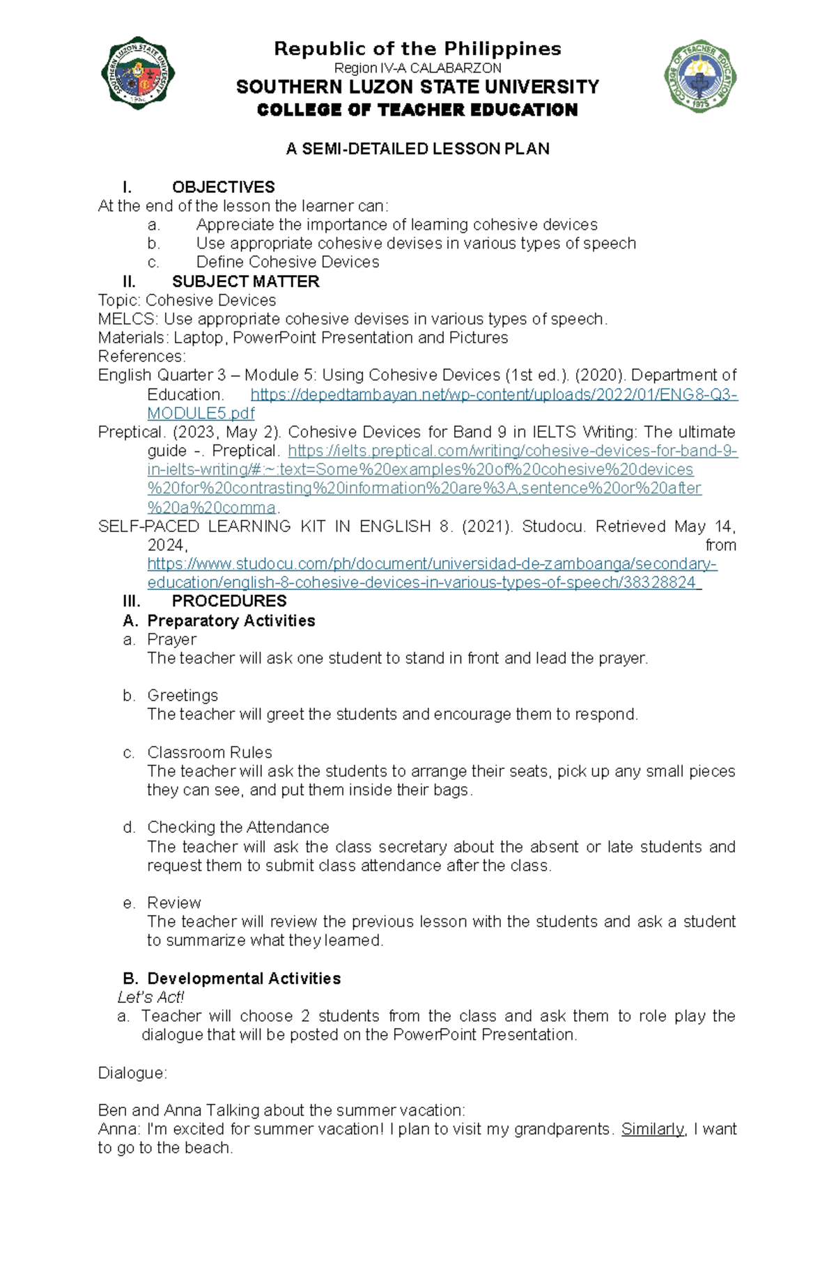 Lesson Plan - Republic of the Philippines Region IV-A CALABARZON ...