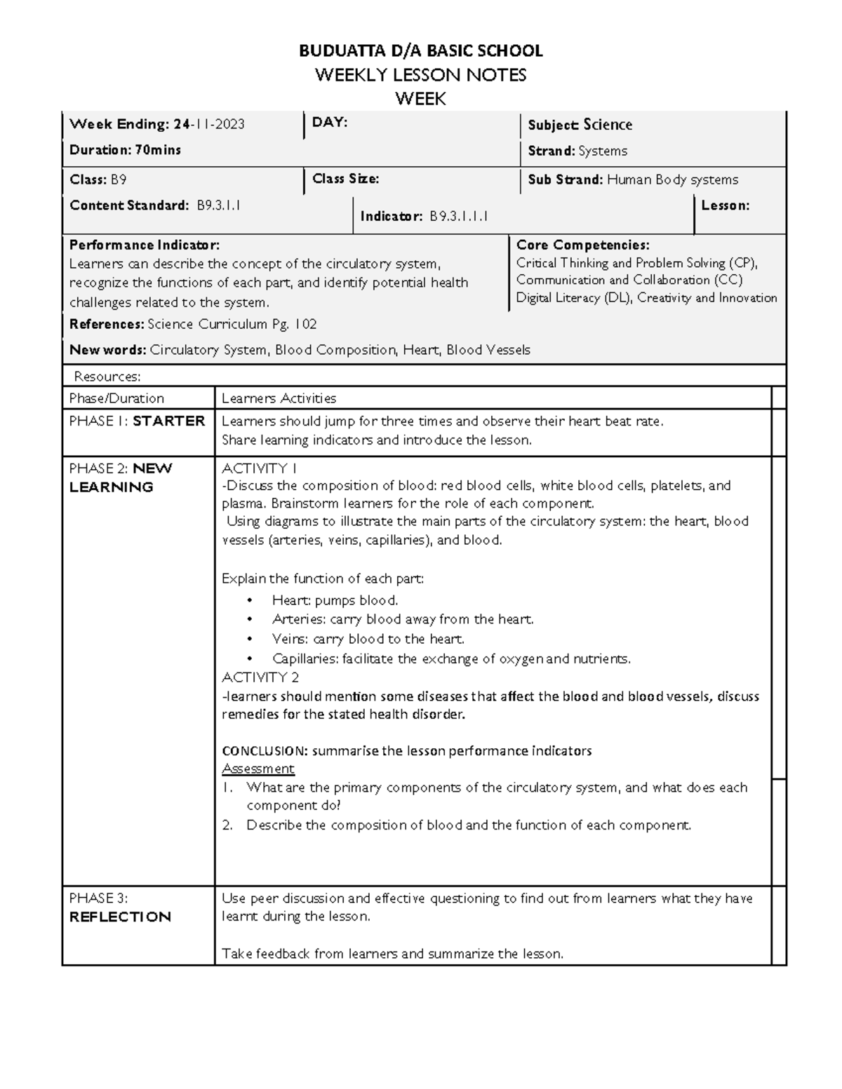 B9 Science - Lesson Plan on Circulatory System Overview - Studocu