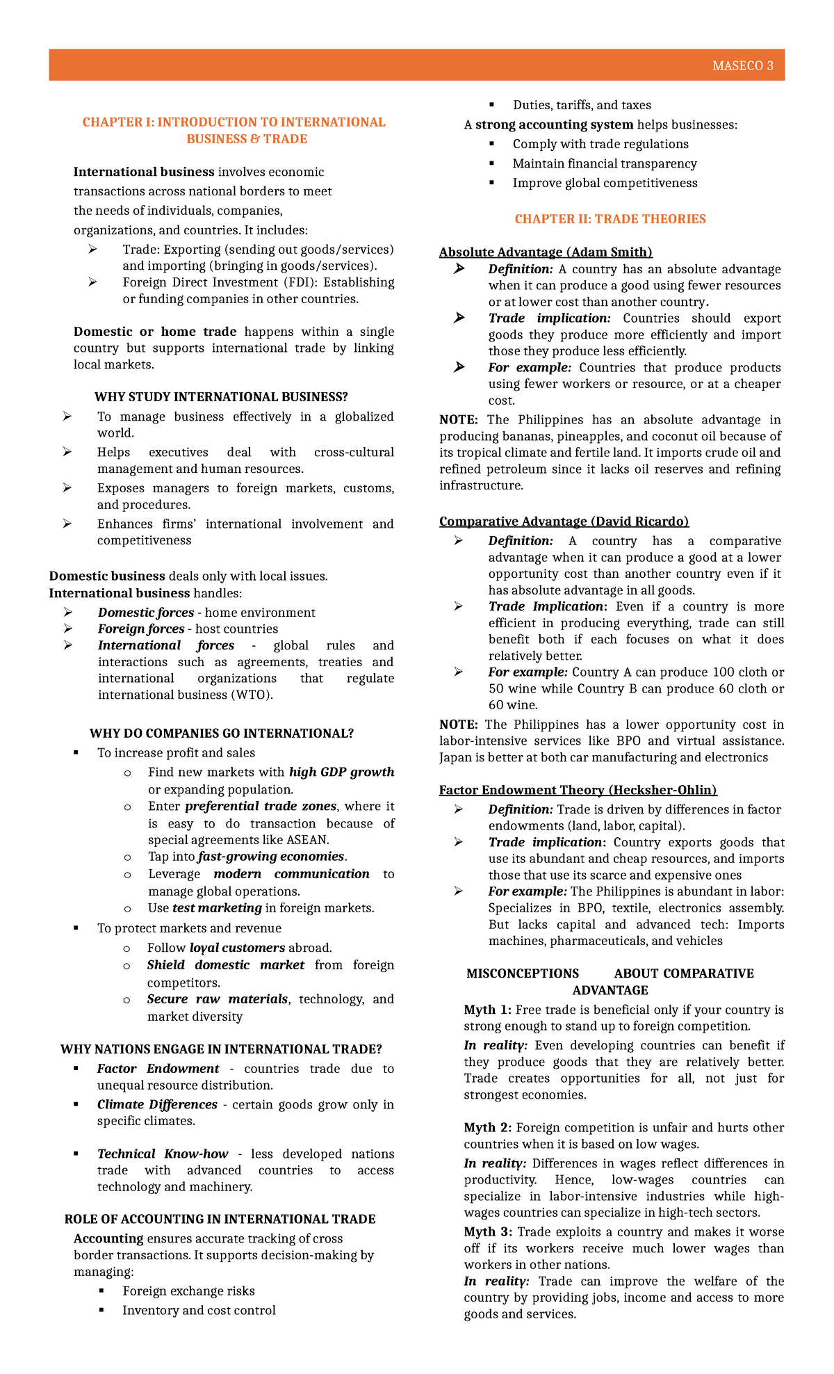 MASECO 3 CHAPTER I: INTRO TO INT'L BUSINESS TRADE - Studocu