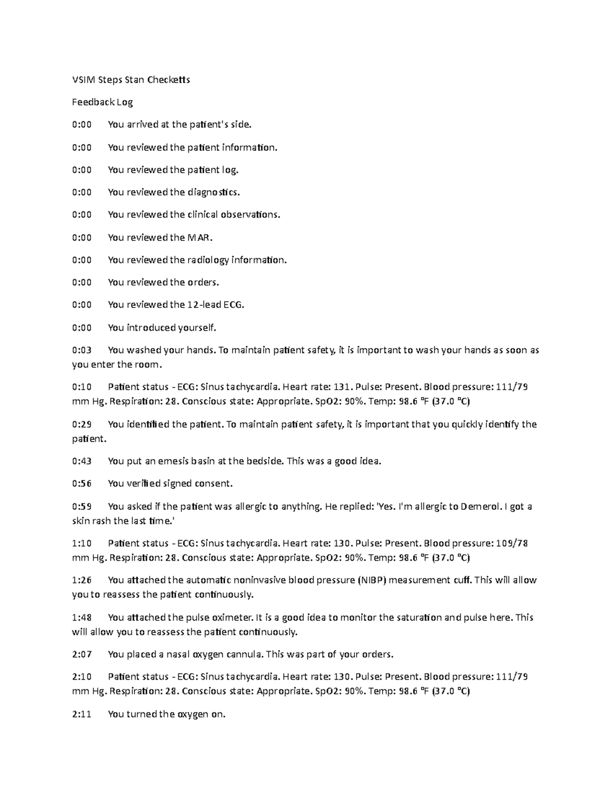 VSIM Steps Analysis: Patient Assessment & Care - Stan Checketts - Studocu