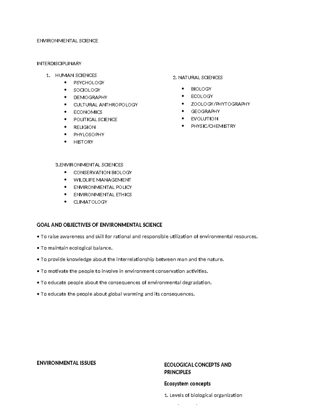 Environmental Science Notes - ENVIRONMENTAL SCIENCE INTERDISCIPLINARY 1 ...